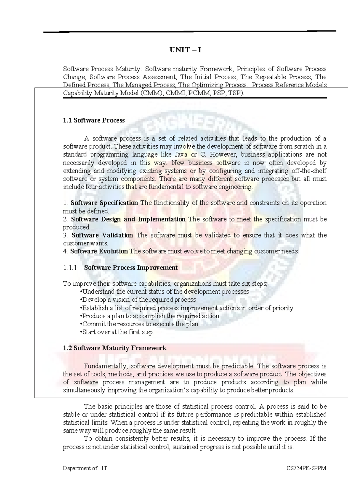 Sppm Unit I Notes: Software Process Maturity & Assessment Principles ...
