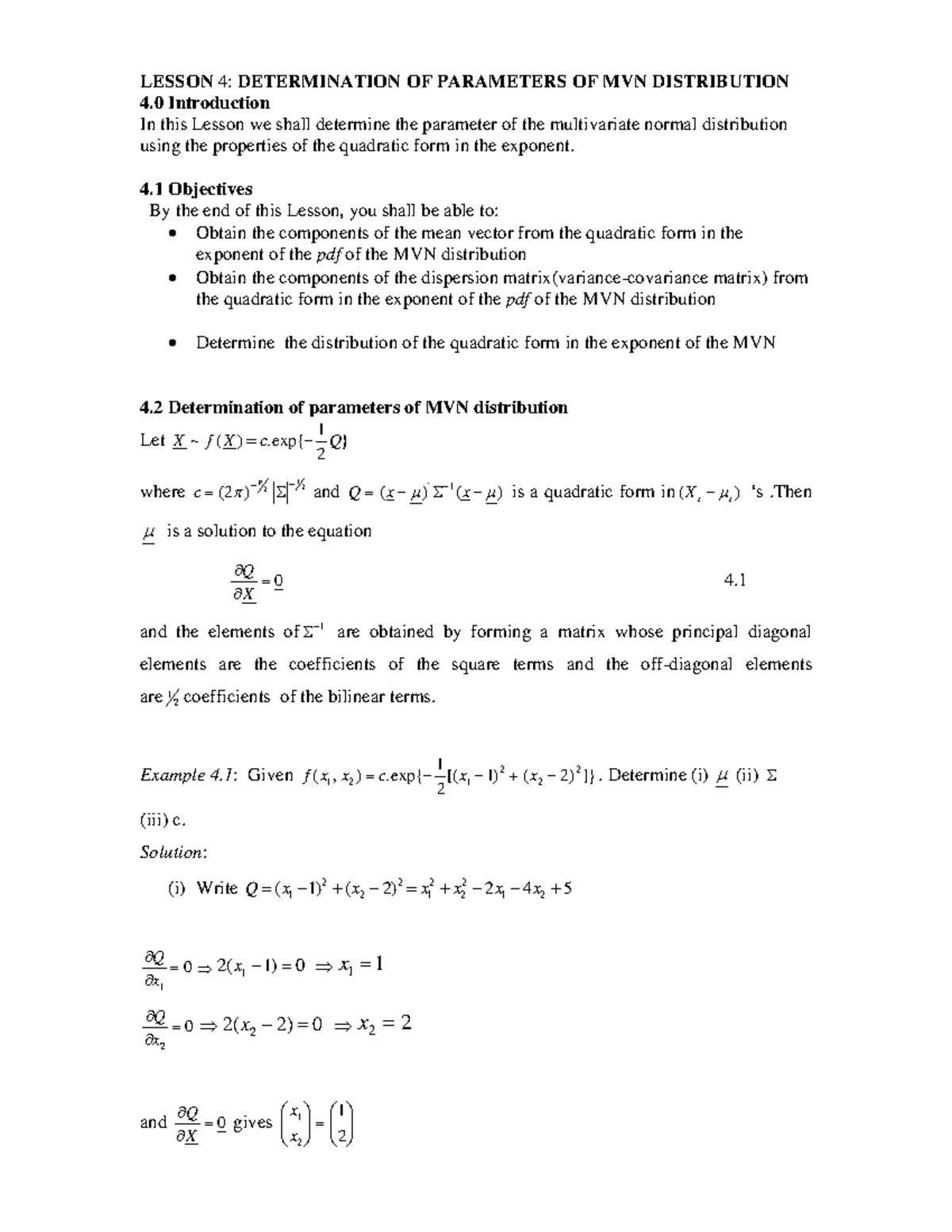 SST 304 Lesson 4: Parameters of Multivariate Normal Distribution - Studocu