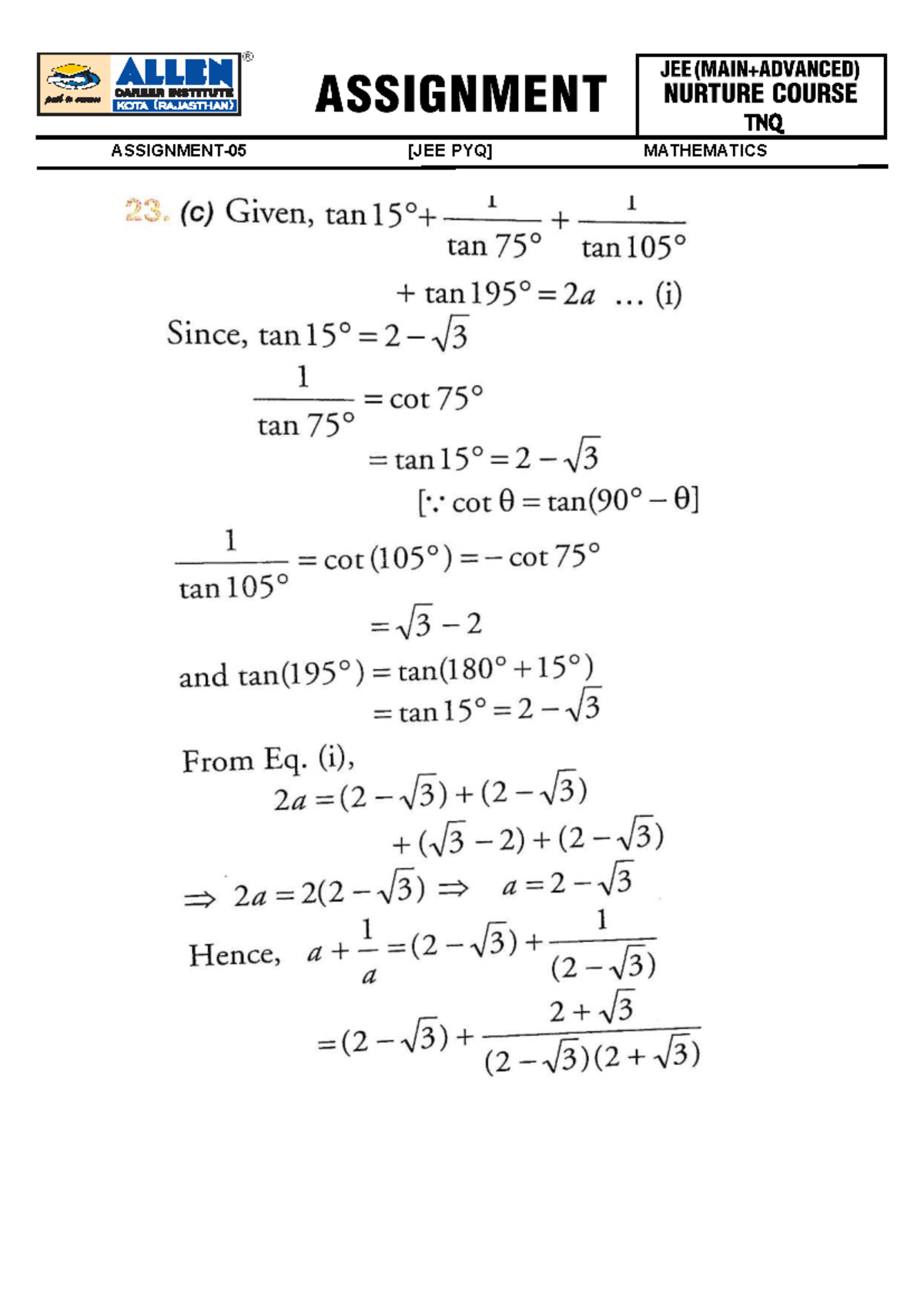 Maths Assign 05 14510.2025 soln - ASSIGNMENT- 05 [JEE PYQ] MATHEMATICS ...