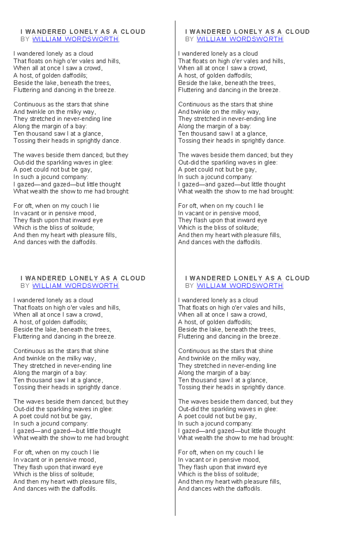 Poem Analysis: "I Wandered Lonely as a Cloud" by W. Wordsworth - Studocu