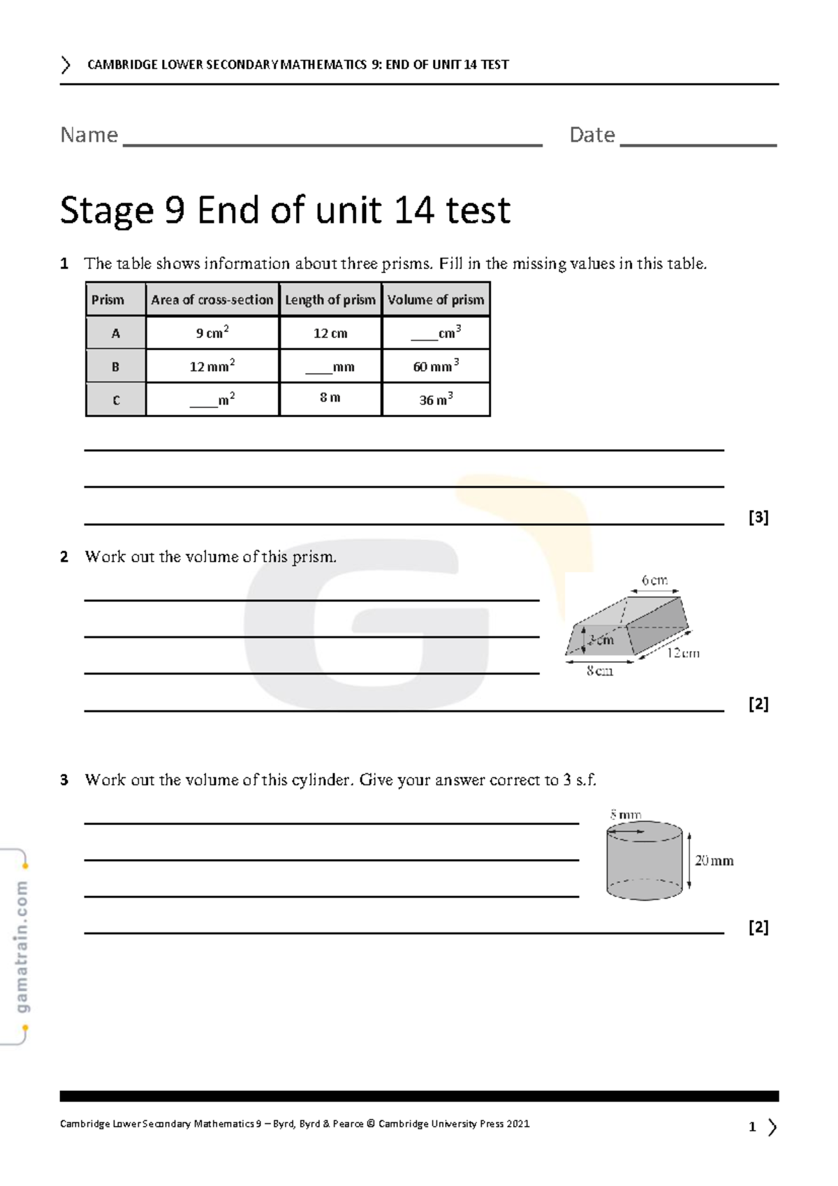 Cambridge Lower Secondary Mathematics 9: End of Unit 14 Test - Studocu