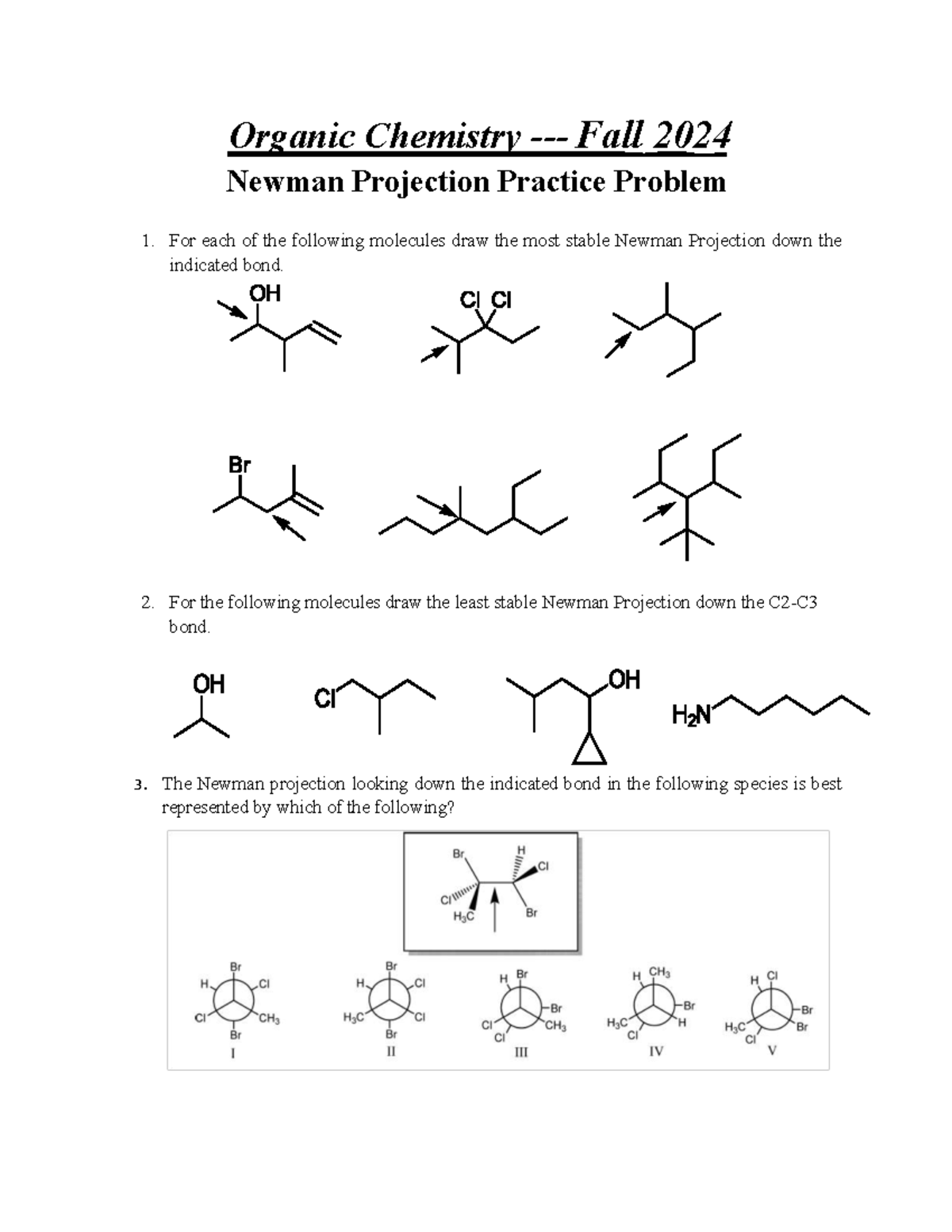 Newman Projection Practice - CHEM-22000 - For each of the following ...