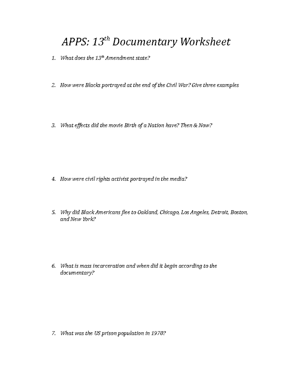 APPS: 13th Documentary Worksheet - Analyzing Race and Incarceration ...