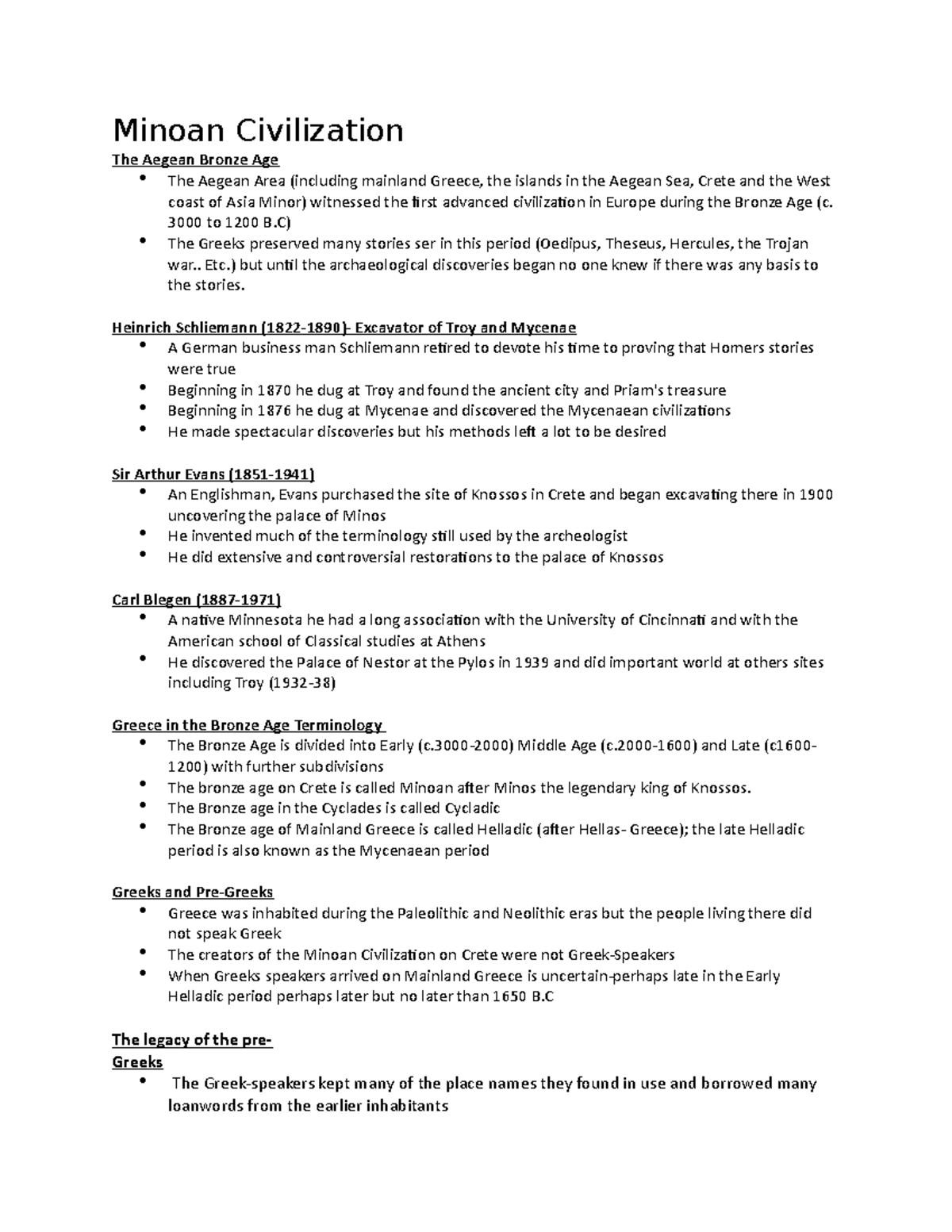 Minioan Civilization - Notes for History 1030 - Minoan Civilization The ...