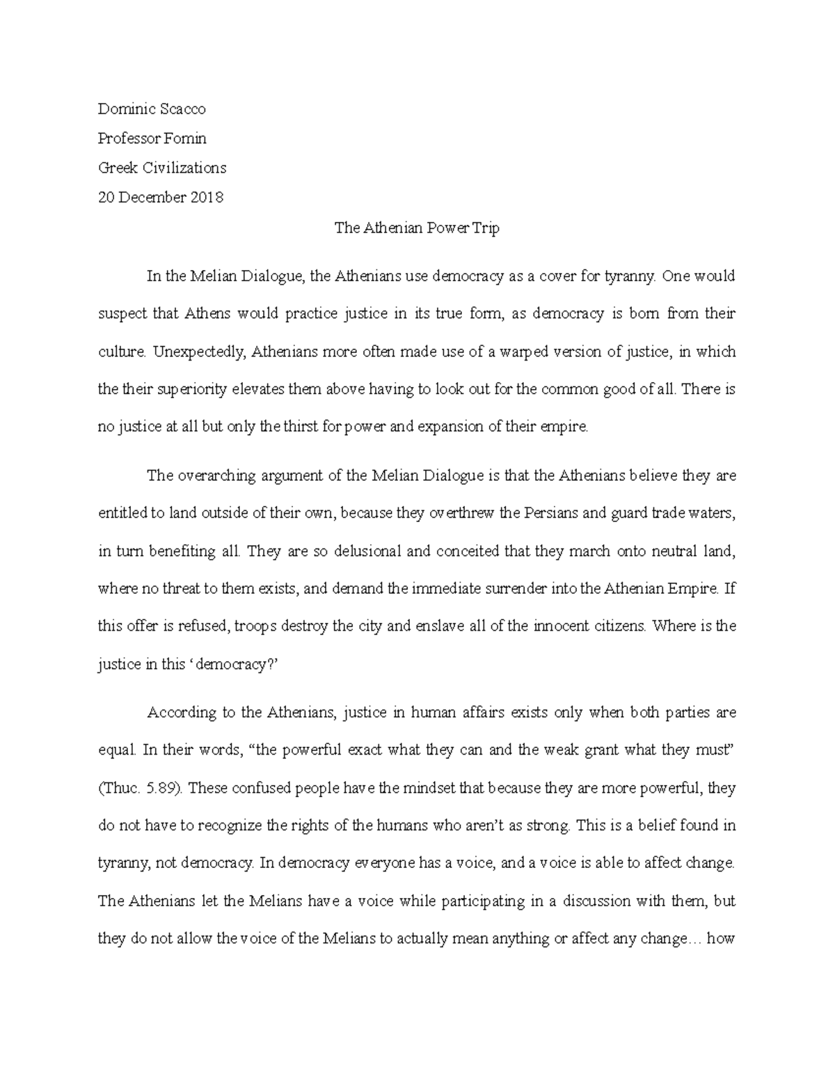 Melian Dialogue Analysis - Dominic Scacco Professor Fomin Greek ...