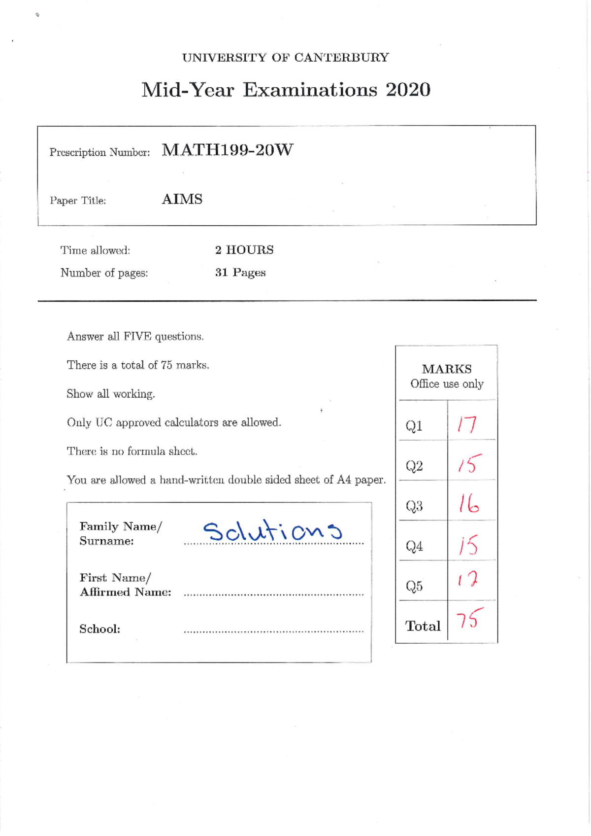 20 math199 final test S1 solutions - Engineering Mathematics 1A - Studocu