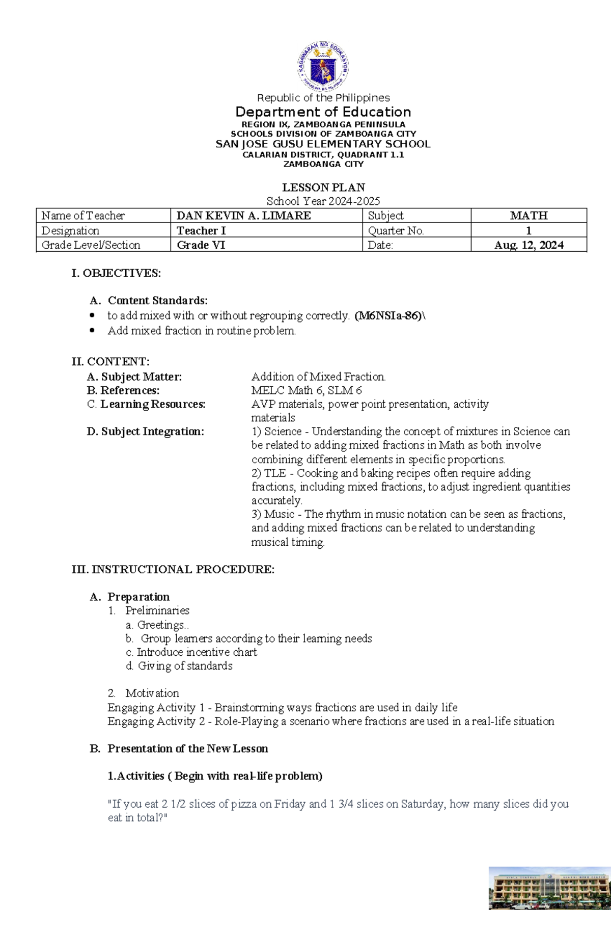 Lesson Plan for Math 6 (Q1 W2): Adding Mixed Fractions Instruction - Studocu