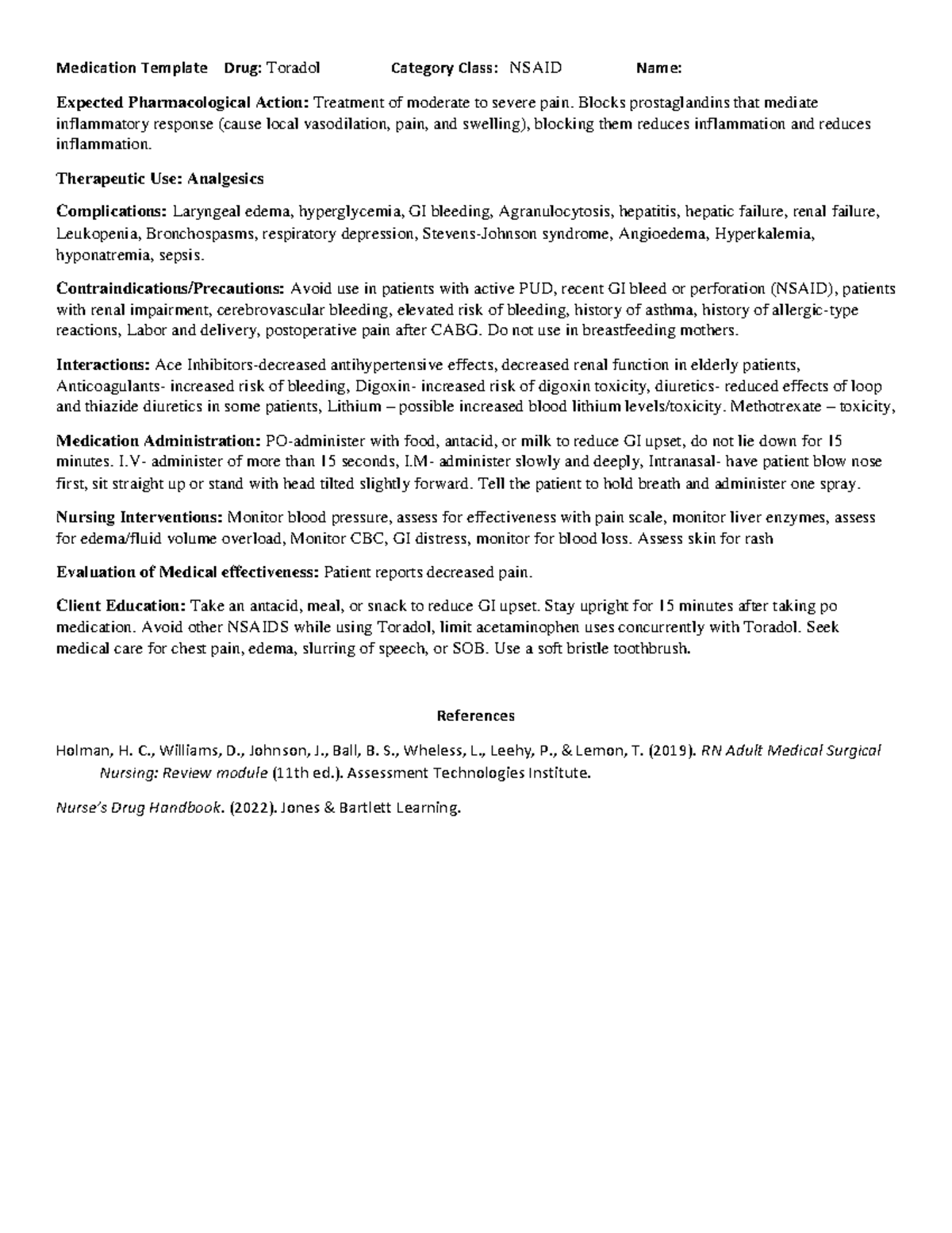 Toradol Medication Overview - Med Surg (ATI) Study Guide - Studocu