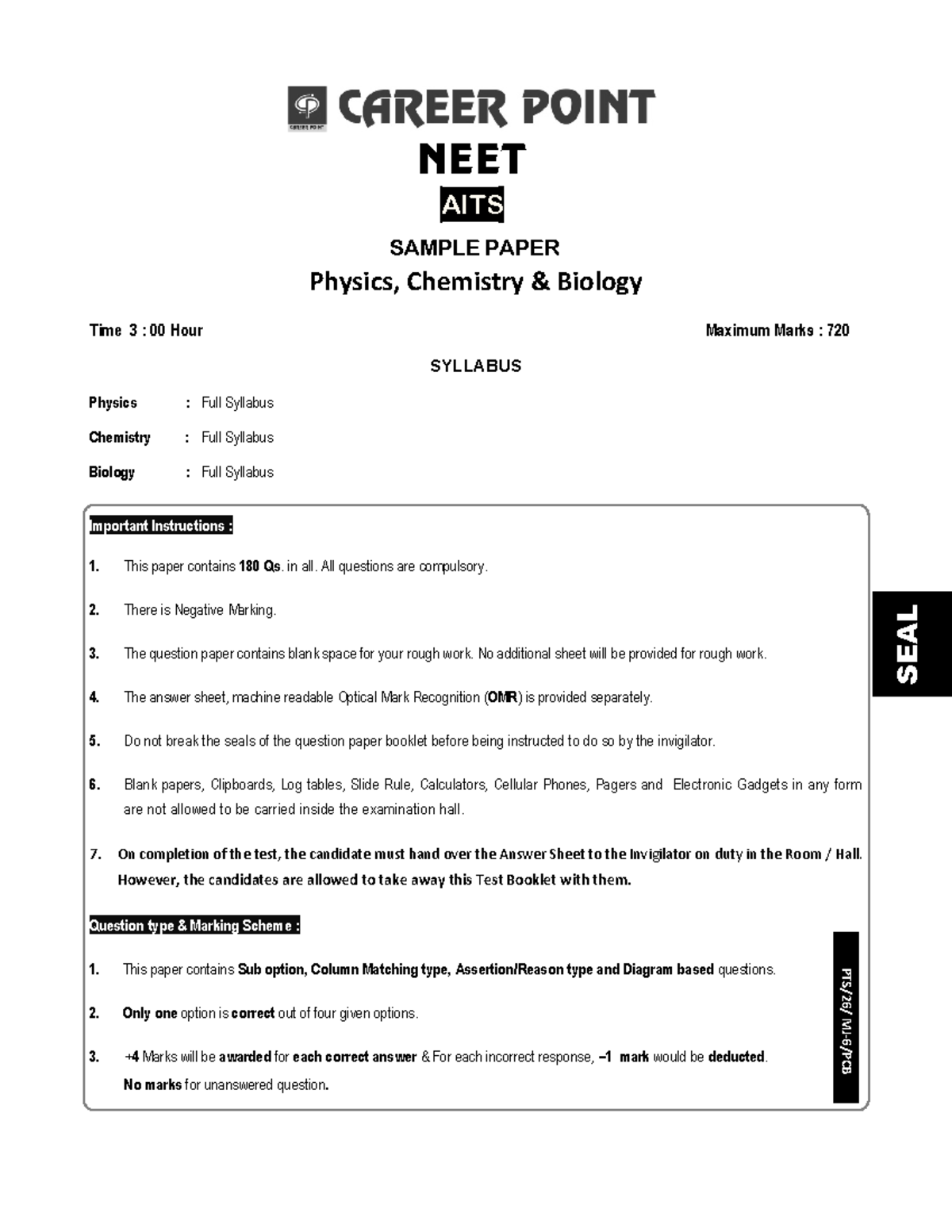 NEET AITS Sample Paper: Physics, Chemistry, Biology Exam Guide - Studocu