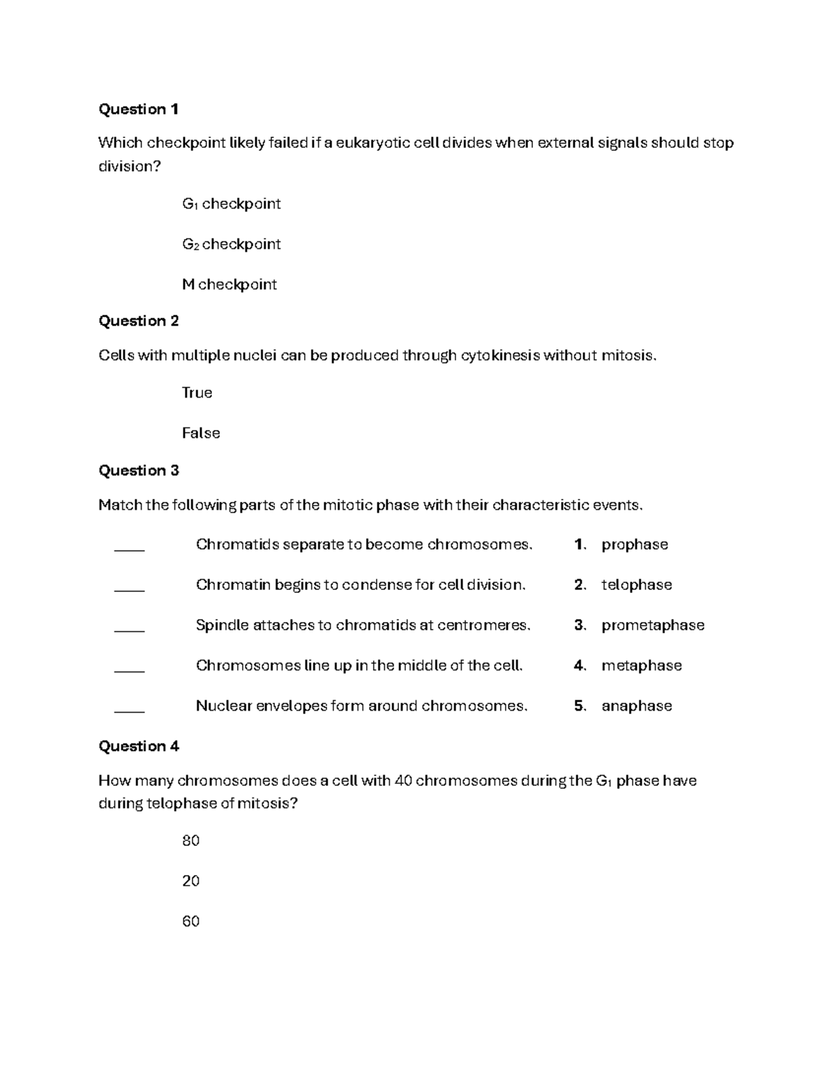 Biology Exam Practice 3 Problems - Question 1 Which checkpoint likely ...
