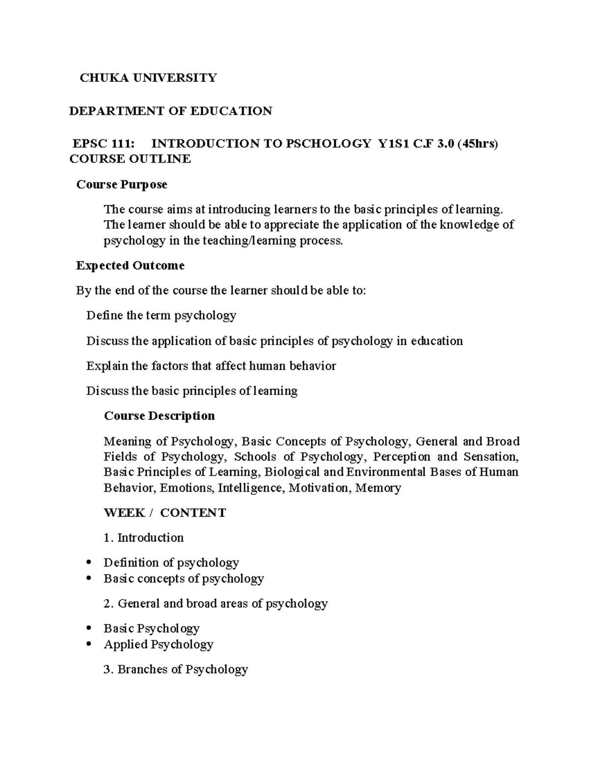 EPSC 111 Introduction to Psychology Course Outline - Sep 2025 - Studocu
