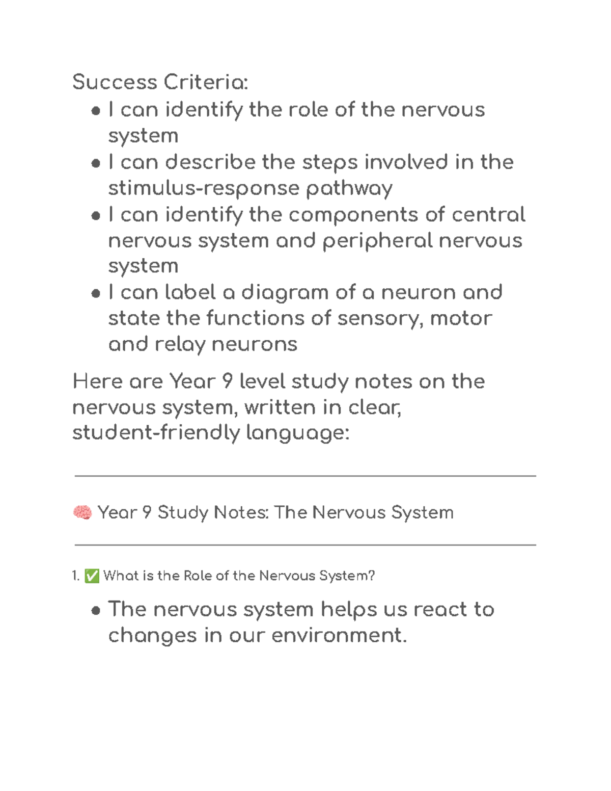 Year 9 Study Notes: Nervous System Functions & Pathways Overview - Studocu