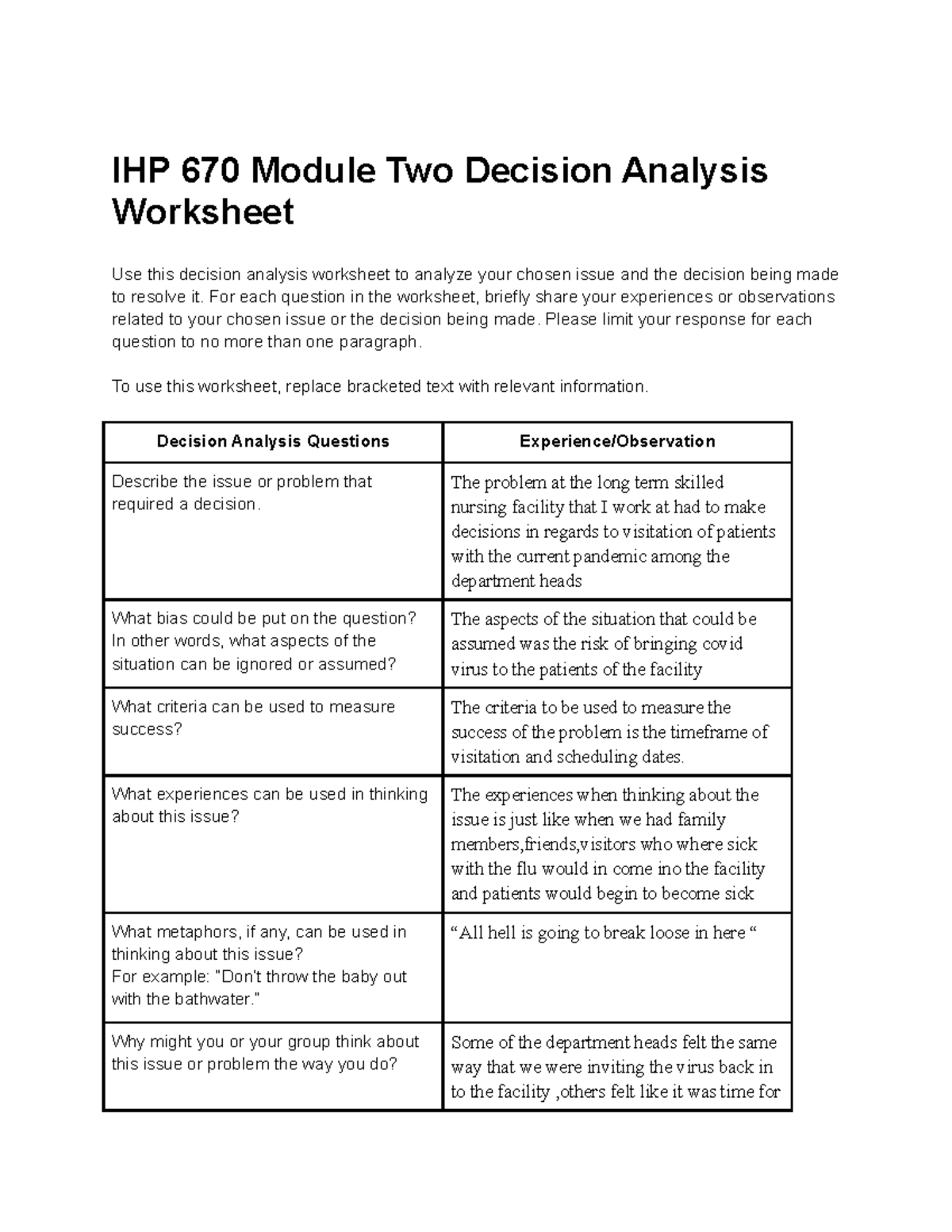 IHP 670 Module Two Decision Analysis Worksheet - Updated 01/16/2022 ...
