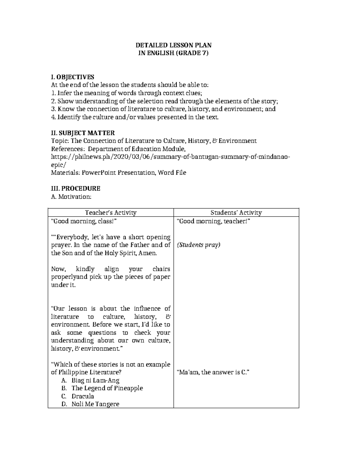 Grade 7 English Lesson Plan on Context Clues & Literature Connections ...