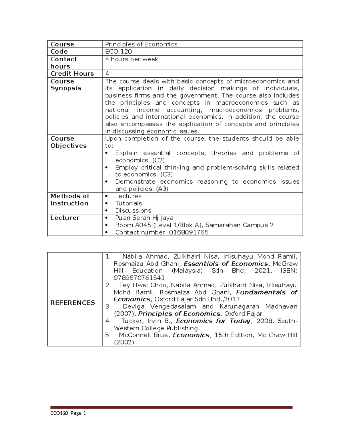 Lesson Plan EC0120Okt2024 - Course Principles of Economics Code ECO 120 ...