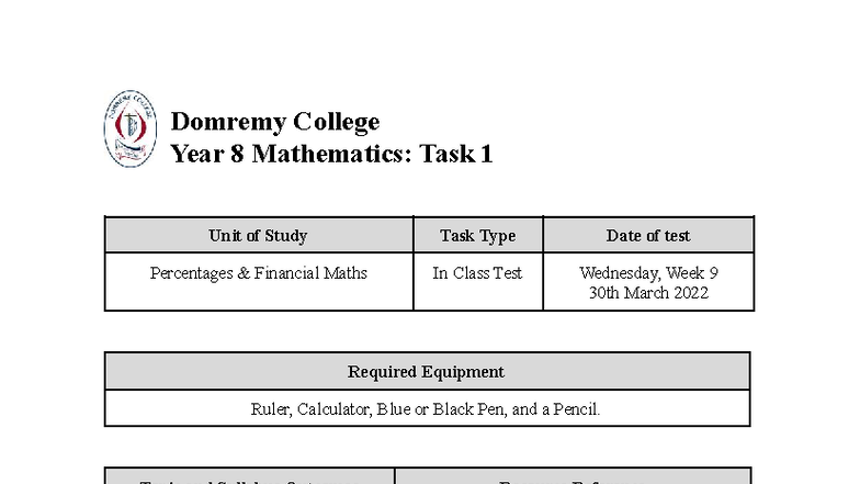 Year 8 Maths Task 1: Percentages & Financial Maths Test Notification ...