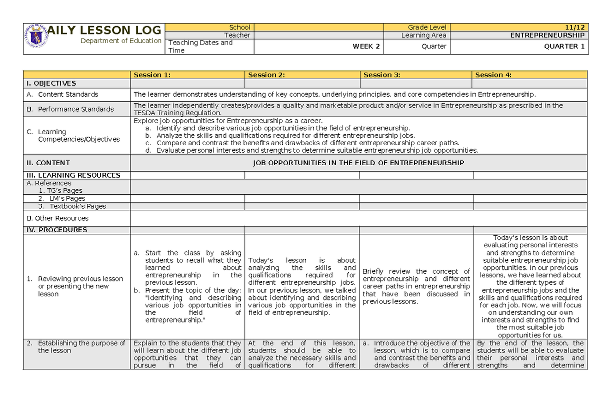 Entrep Q1 WEEK2 - relevant - DAILY LESSON LOG Department of Education ...