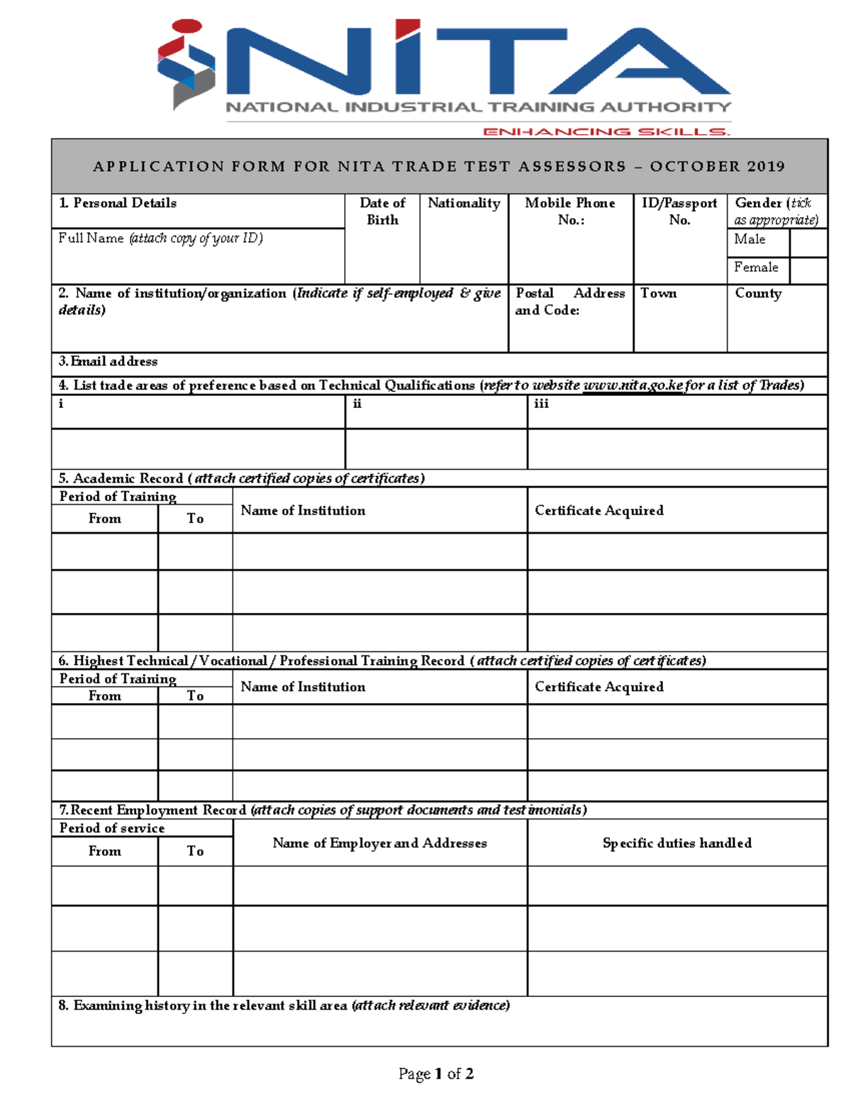 NITA TT Application Form for Test Assessors - Oct 2019 - Studocu