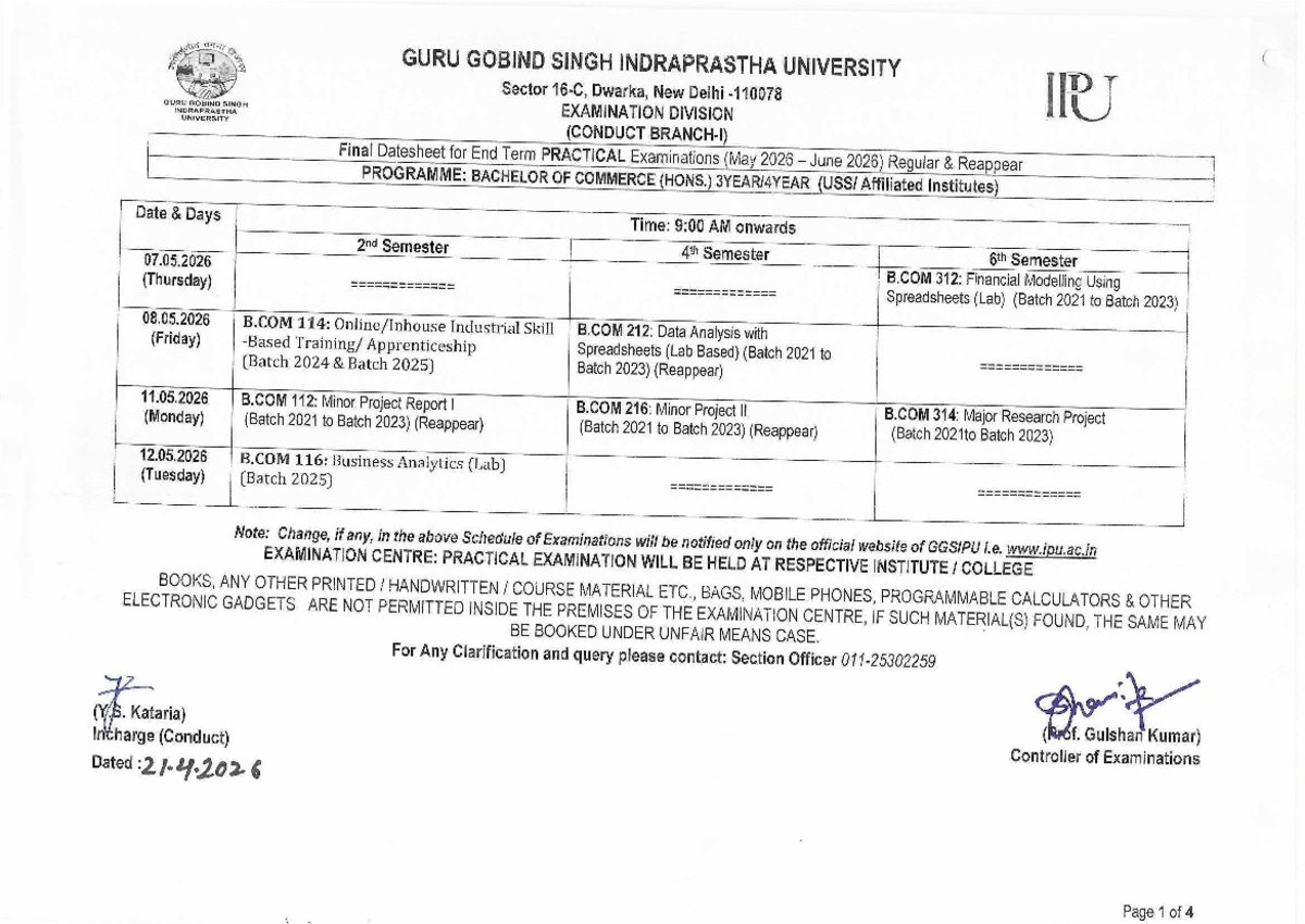 BCOM (HONS) Final Exam Datesheet for May-June 2026 - Studocu