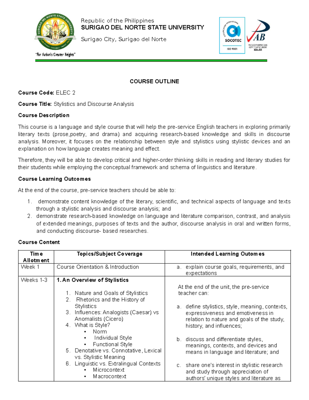 ELEC 2 Course Outline: Stylistics & Discourse Analysis Overview - Studocu