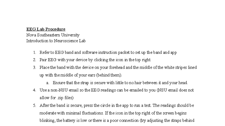 EEG Lab Procedure Guidelines for Introduction to Neuroscience Lab (NSU ...