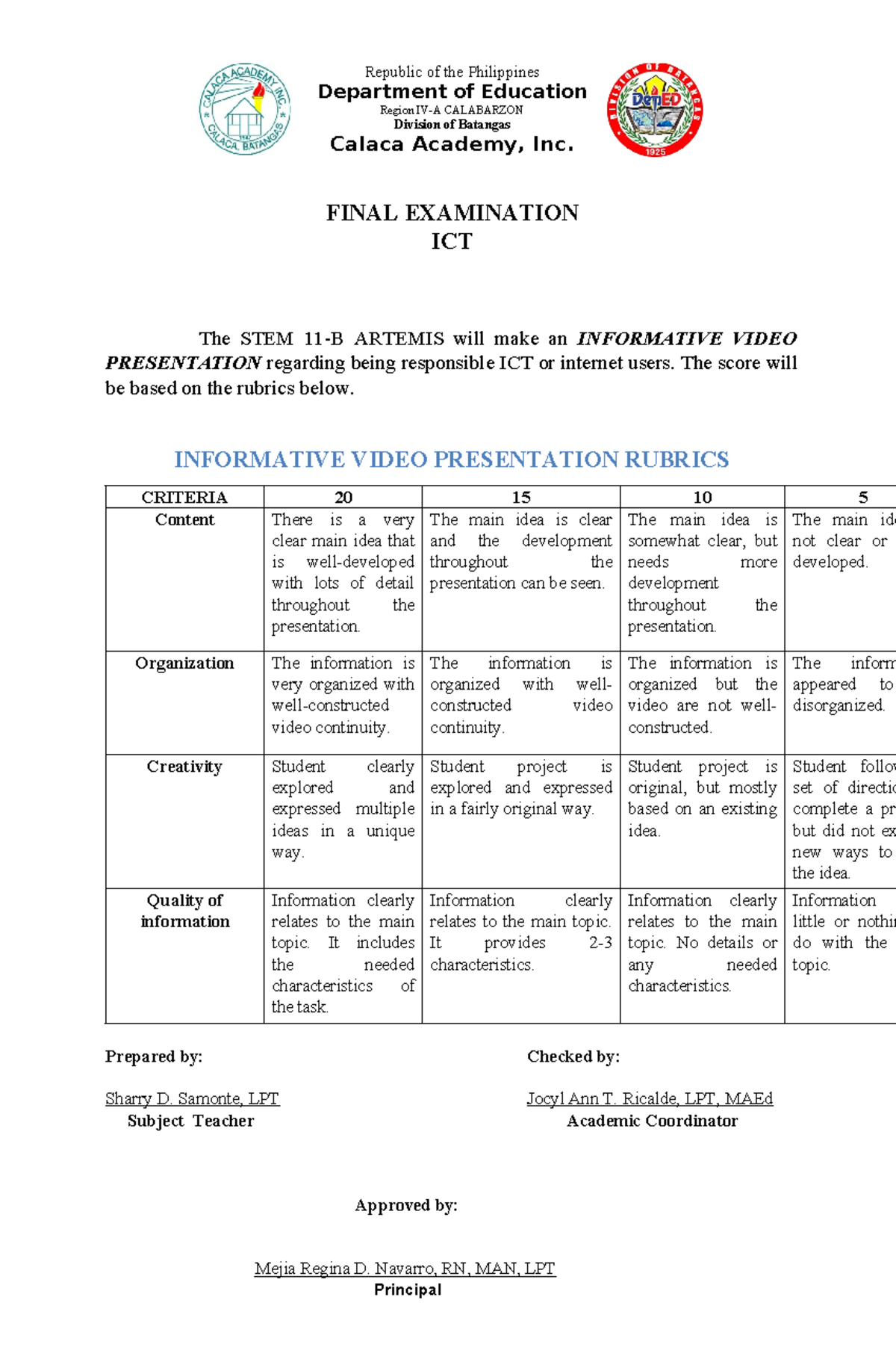 Final Exam Rubrics for ICT Informative Video Presentation - Studocu