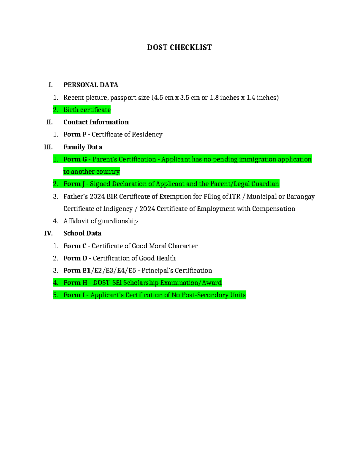 DOST Checklist for Personal and School Data Requirements - Studocu