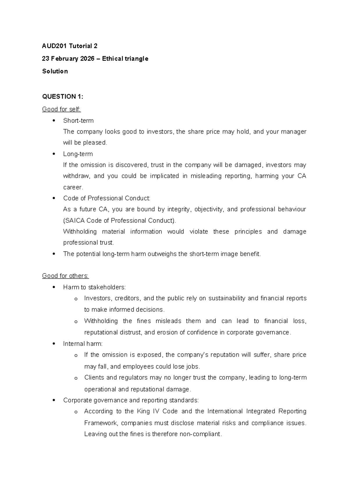 AUD201 Tutorial 2: Ethical Triangle Analysis & Solutions - Studocu