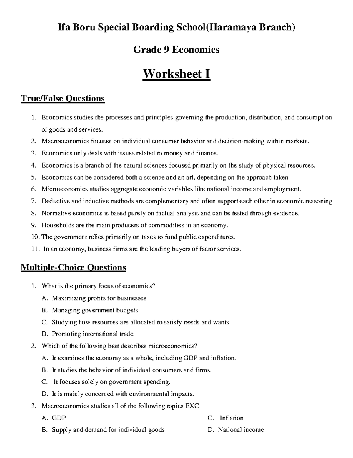 Grade 9 Economics Worksheet G-9 SS - Assignment Questions & Answers ...