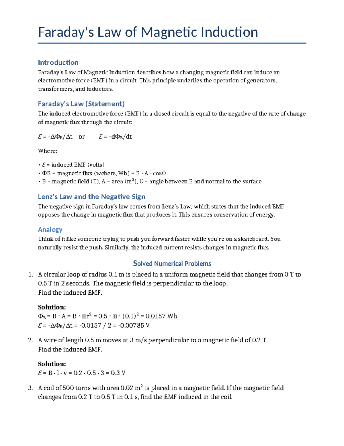 Faraday's Law & Lenz's Law: Numerical Examples (ac7942695) - Studocu