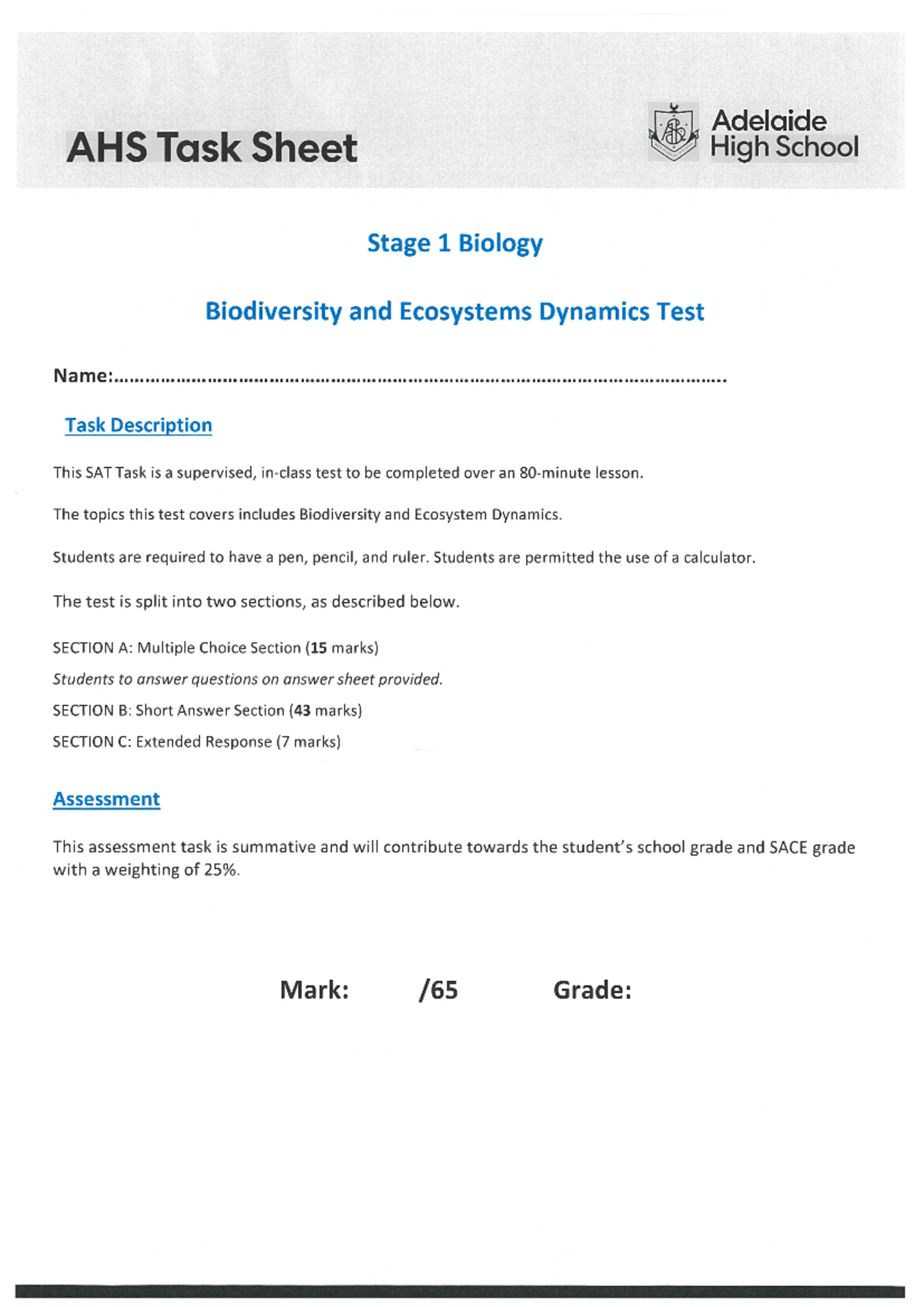 Biology AHS Stage 1 Biodiversity & Ecosystems Practice Test - Studocu