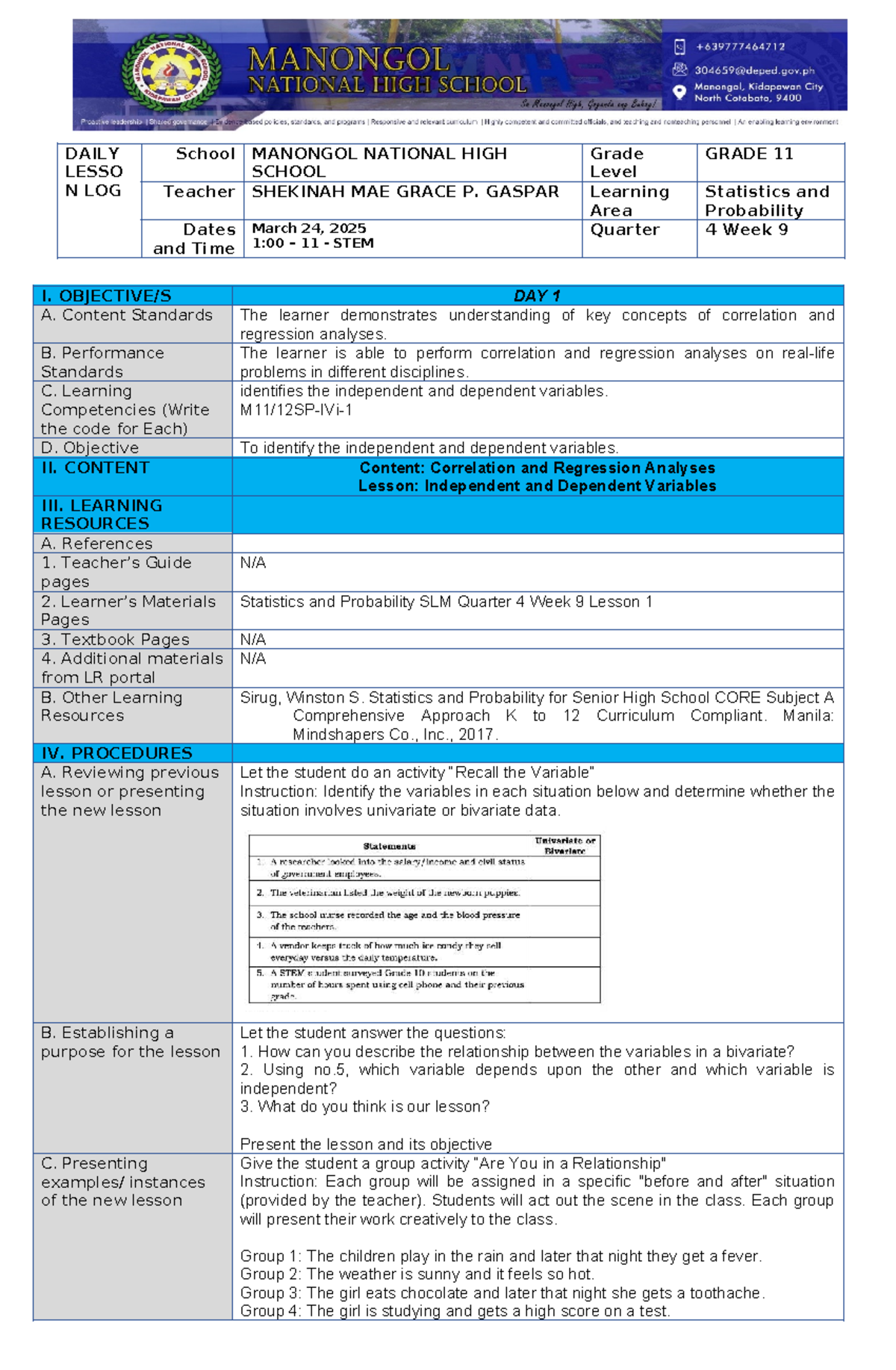 DAILY LESSON LOG: Statistics & Probability (Grade 11, Quarter 4, Week 9 ...