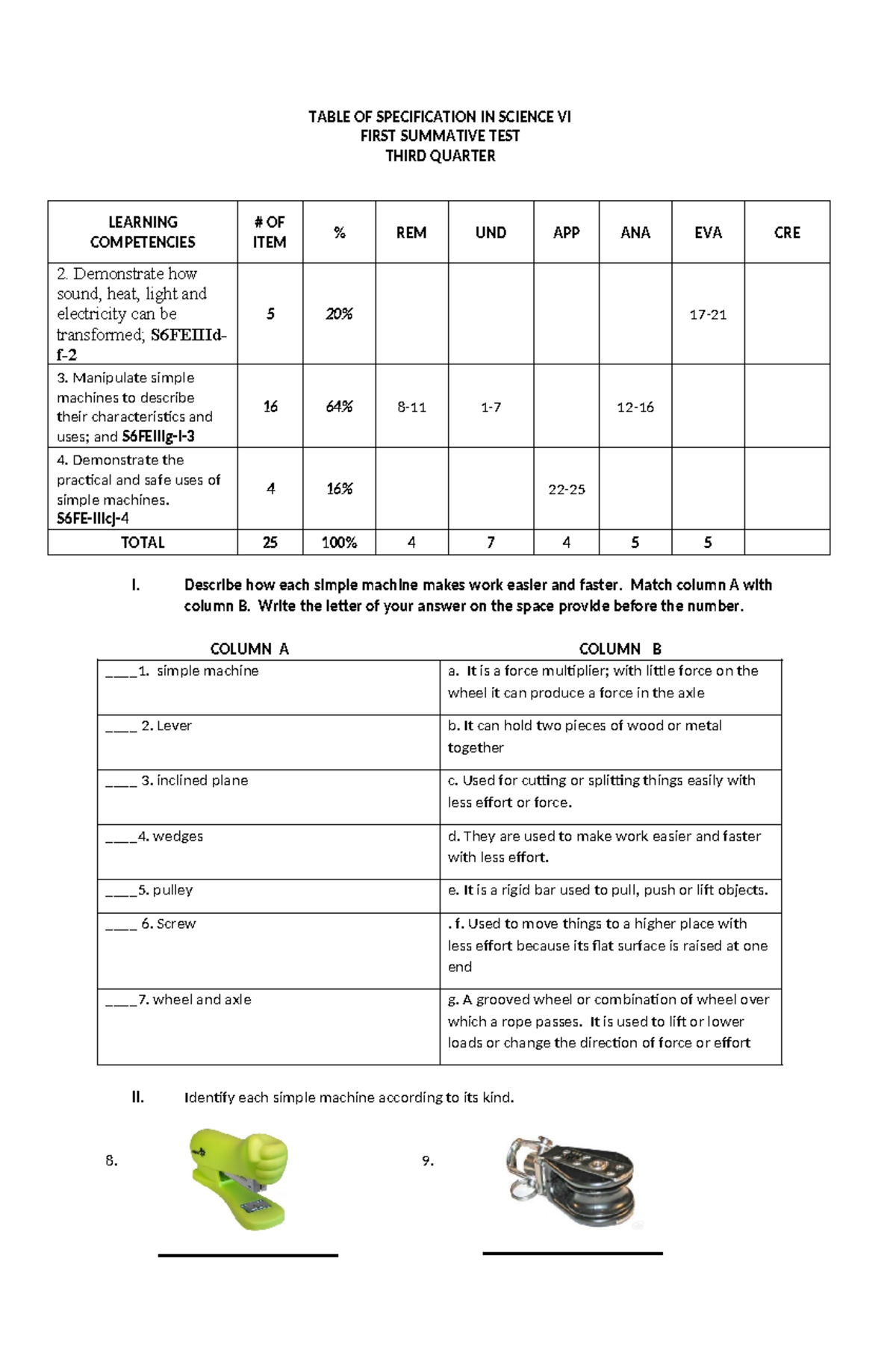 2ND Summative TOS - table of specs - TABLE OF SPECIFICATION IN SCIENCE ...