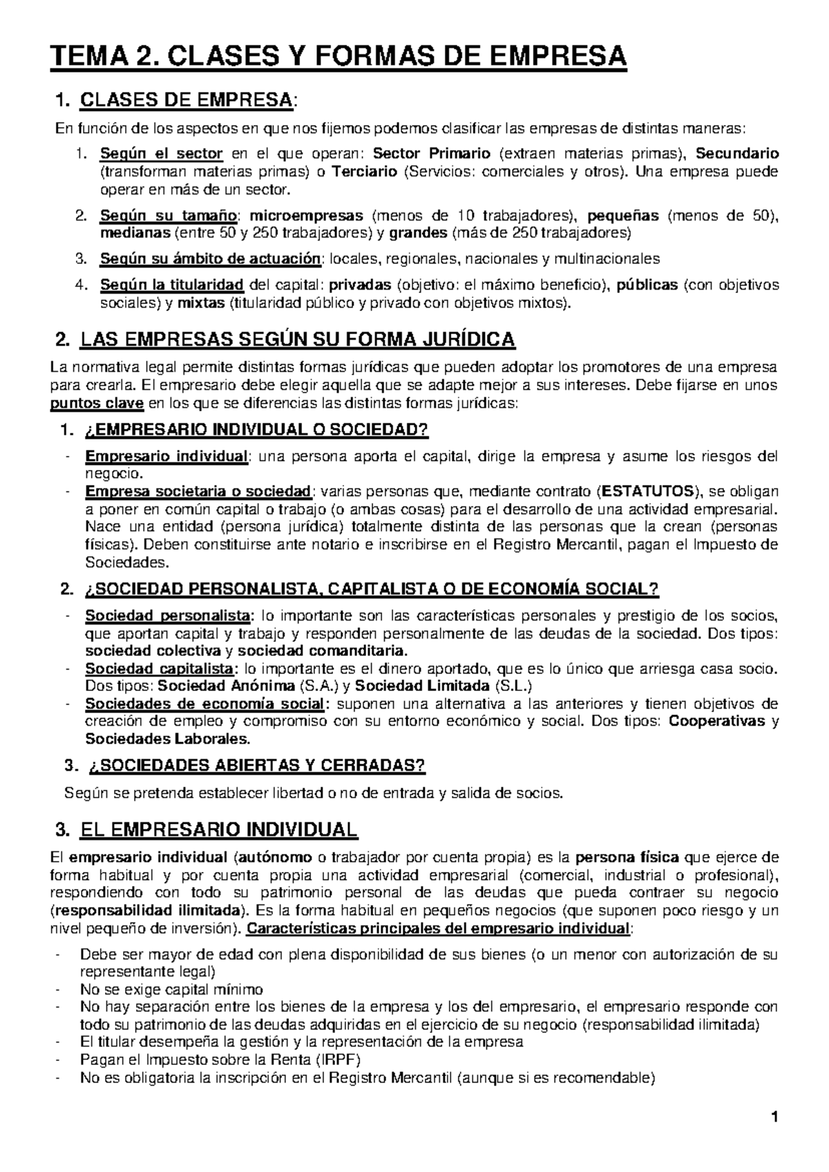 TEMA 2: CLASES Y FORMAS DE EMPRESA - Análisis y Tipologías - Studocu