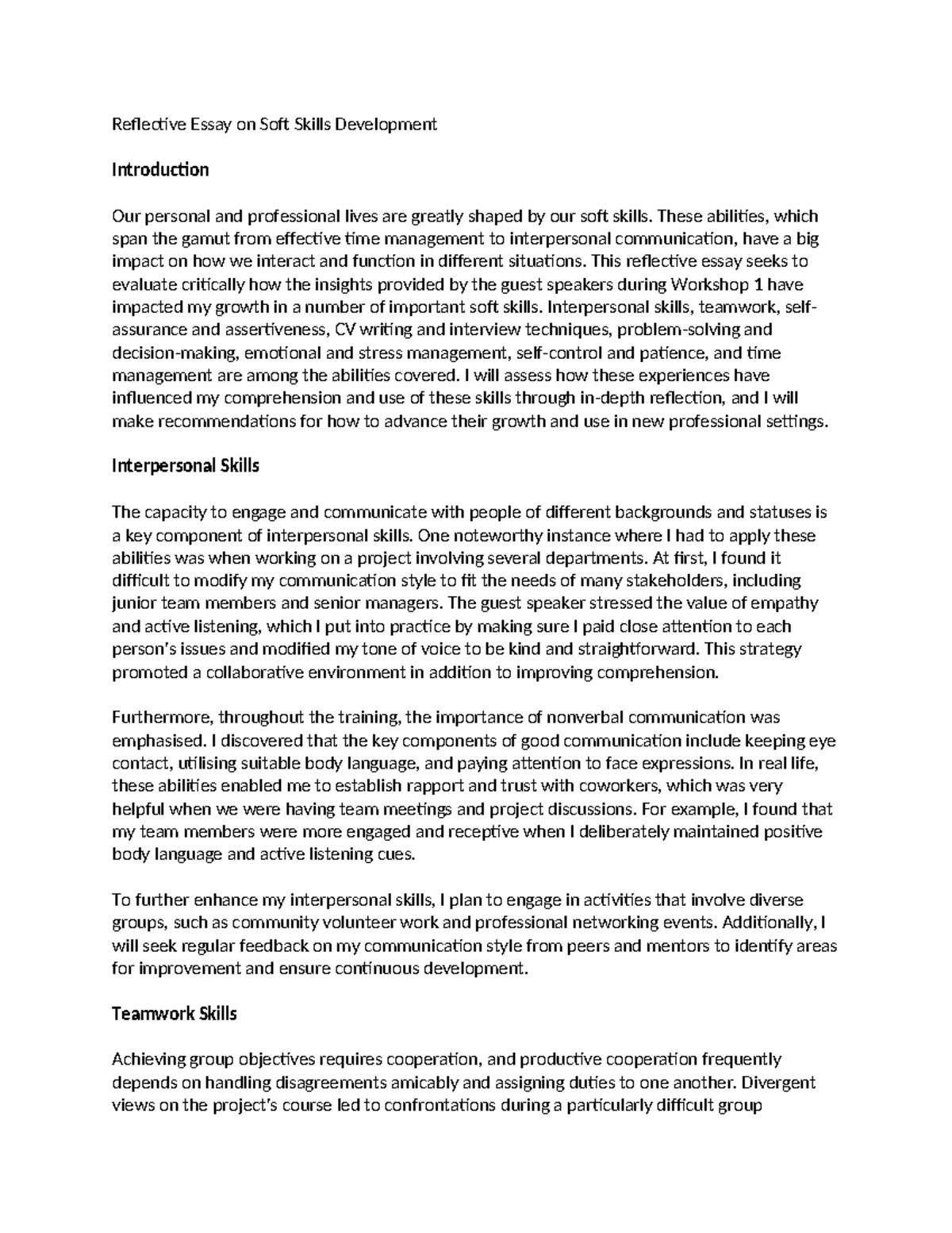 Reflective Essay on Soft Skills Development - Reflective Essay on Soft ...