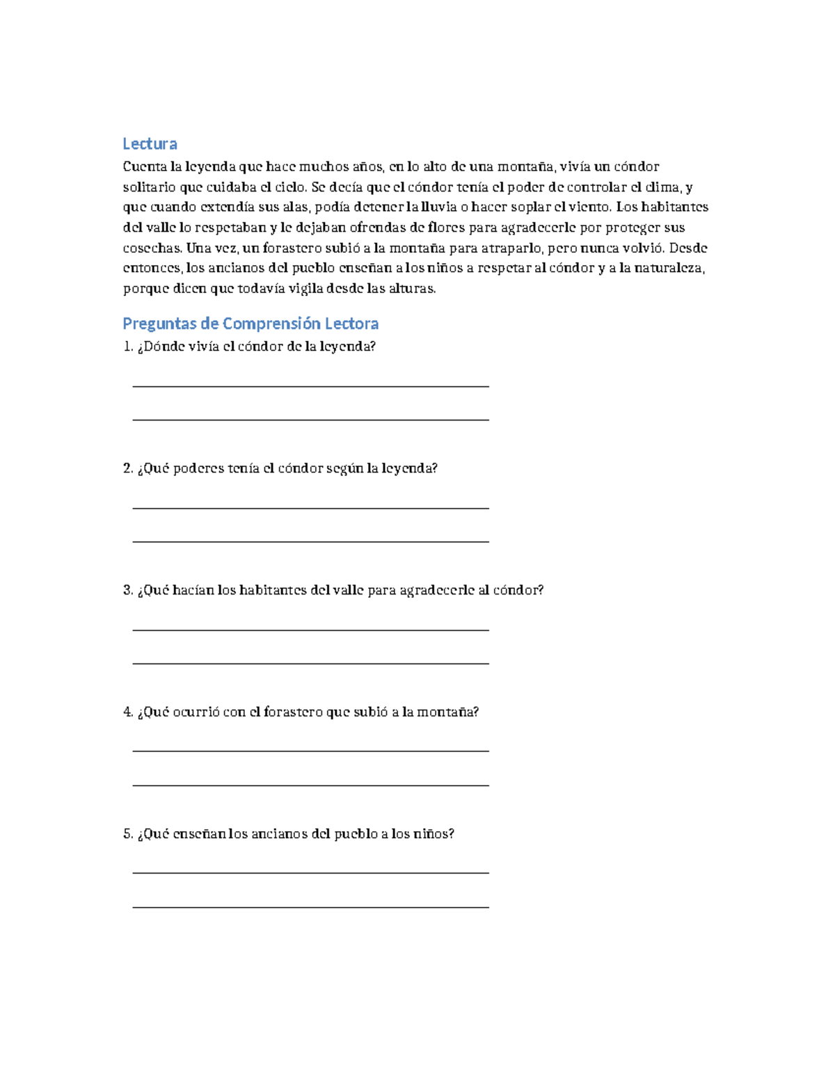 Ejercicio de Comprensión Lectora: Leyenda del Cóndor - Studocu