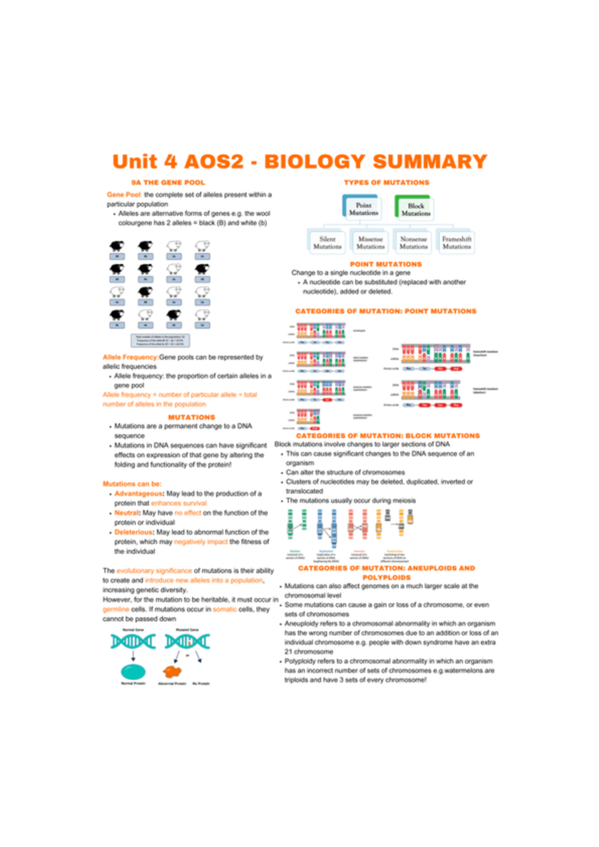 Unit 4 AOS2 Biology Summary: Gene Pool & Mutation Types - Studocu