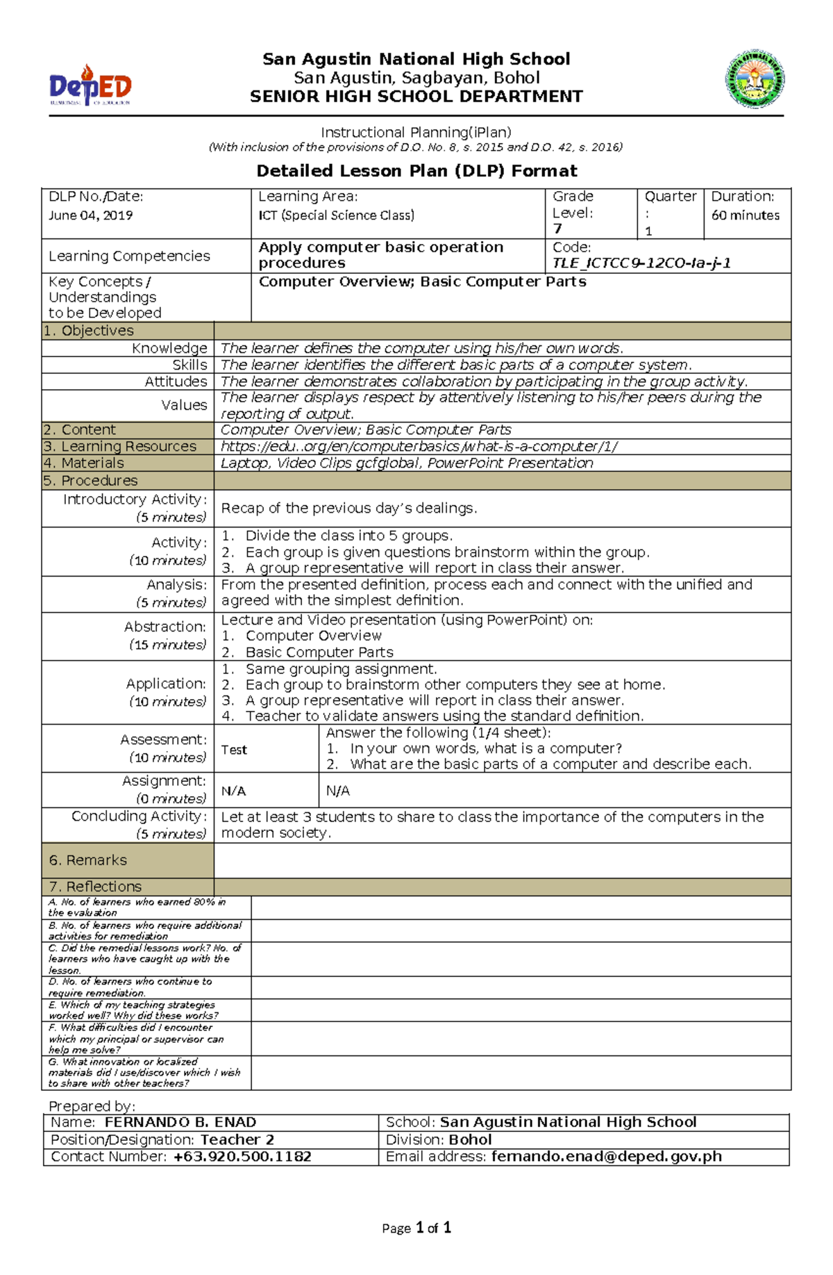 Detailed Lesson Plan (DLP) for ICT - Grade 7 - Quarter 1 - Studocu
