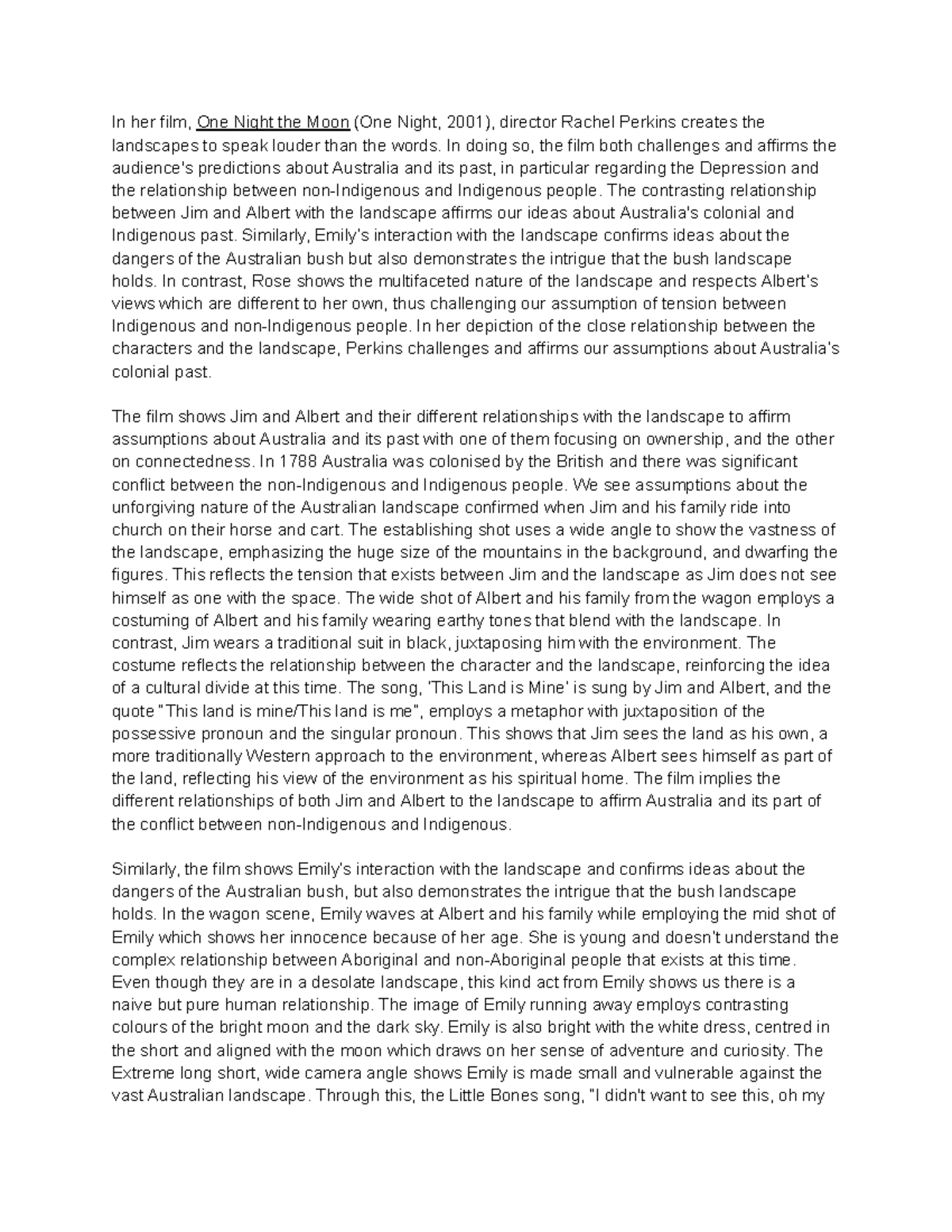 A Critical Analysis of Rachel Perkins' Film "One Night The Moon" - Studocu