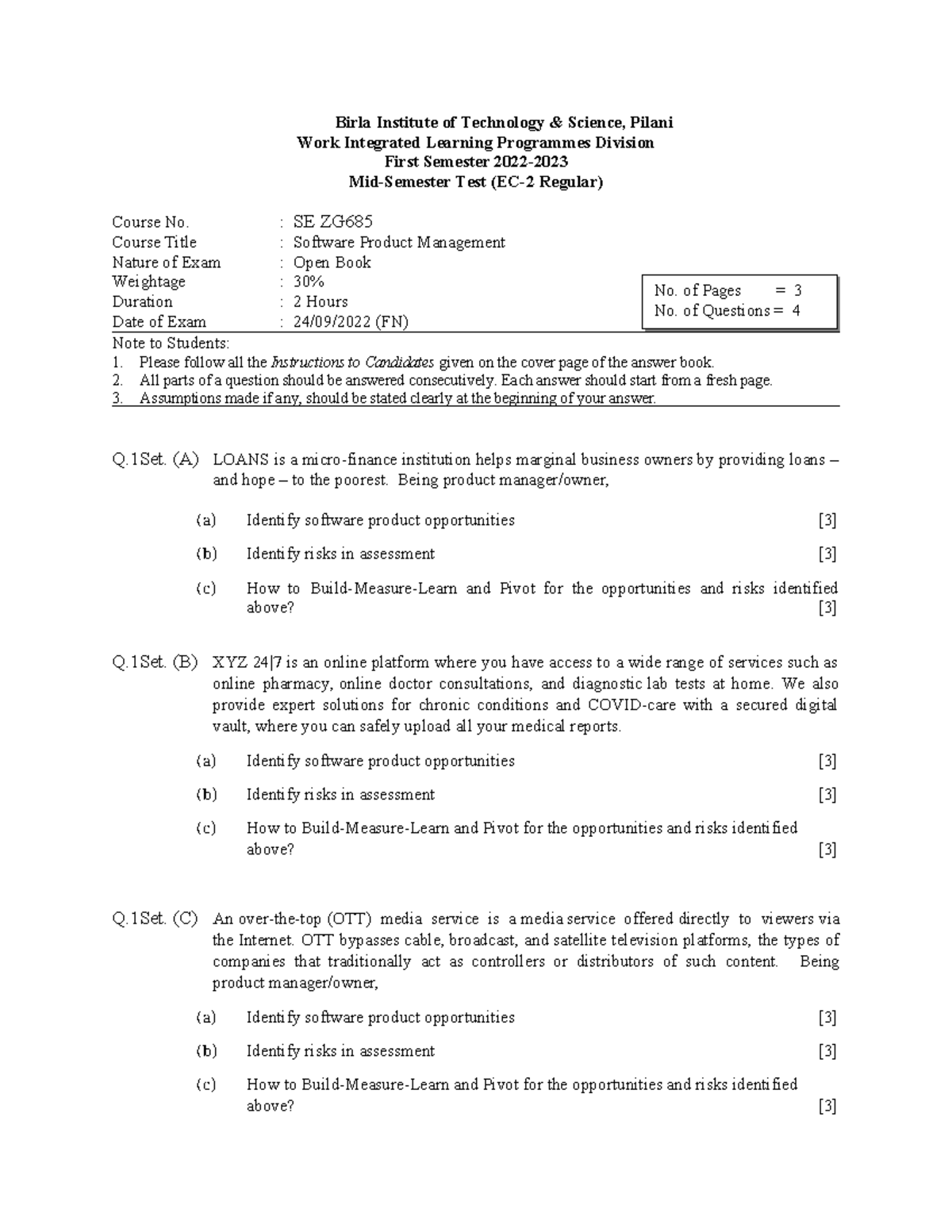Software Product Management Question Paper - Birla Institute of ...