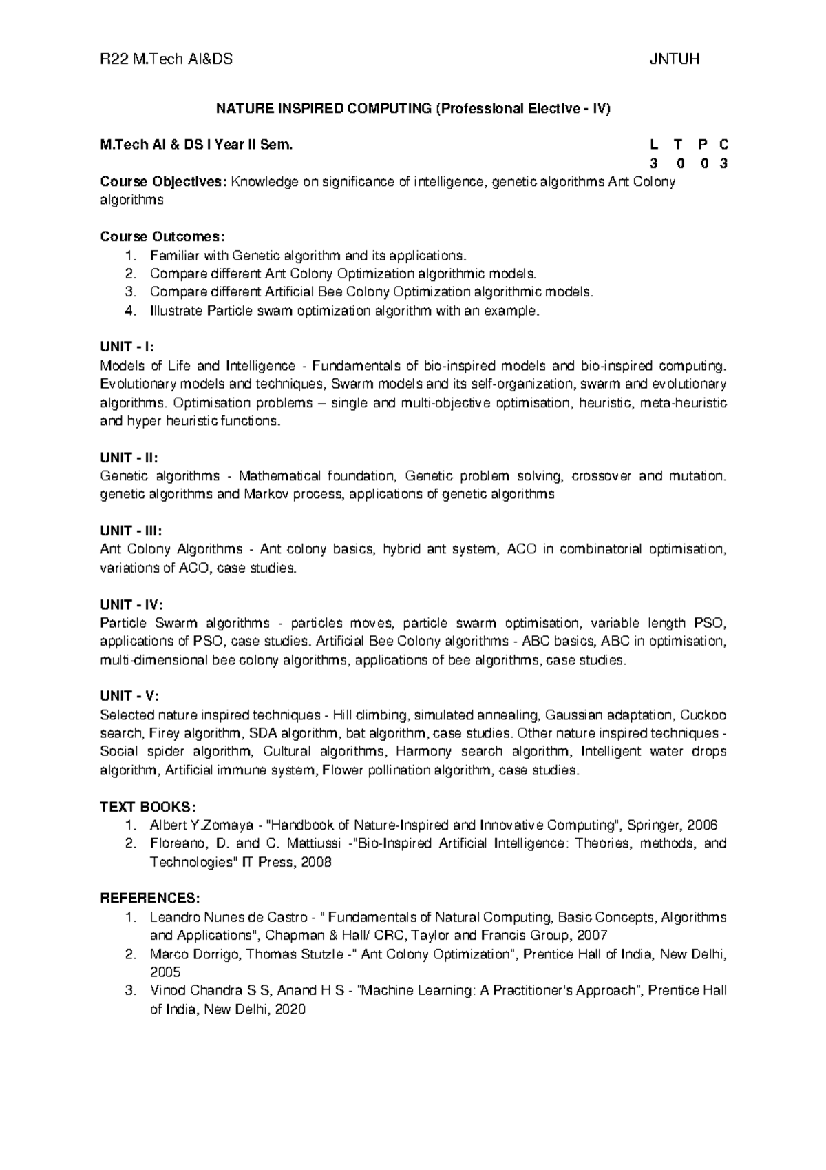 R22 M.Tech JNTUH Nature Inspired Computing - Professional Elective IV ...