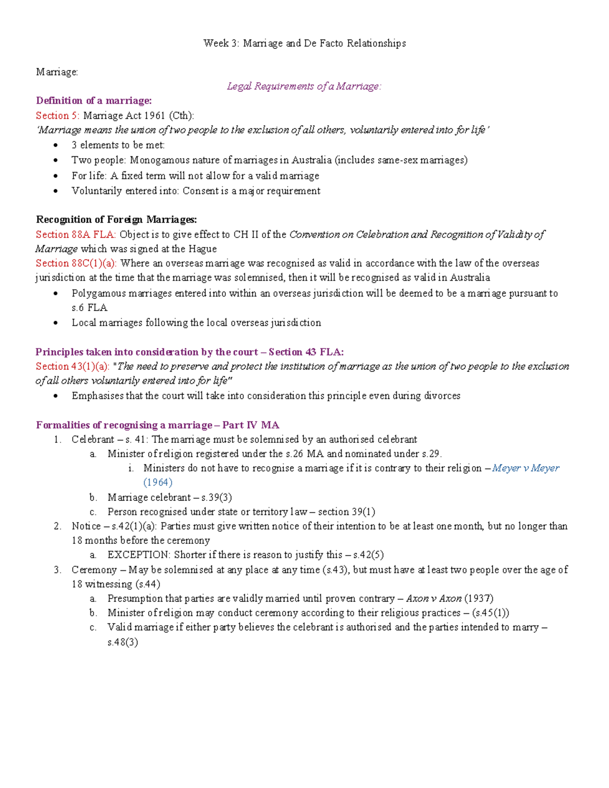 Family Law Notes: Week 3 - Marriage & De Facto Relationships (FLA ...