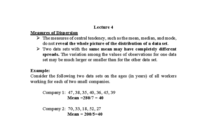 Lecture 6: Measures of Dispersion in Statistics - Studocu