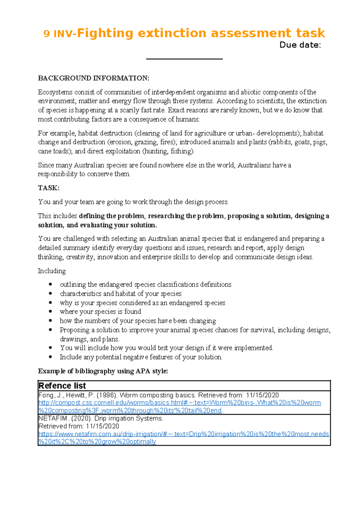 9INV Fighting Extinction Assessment Task: Design Solutions for ...