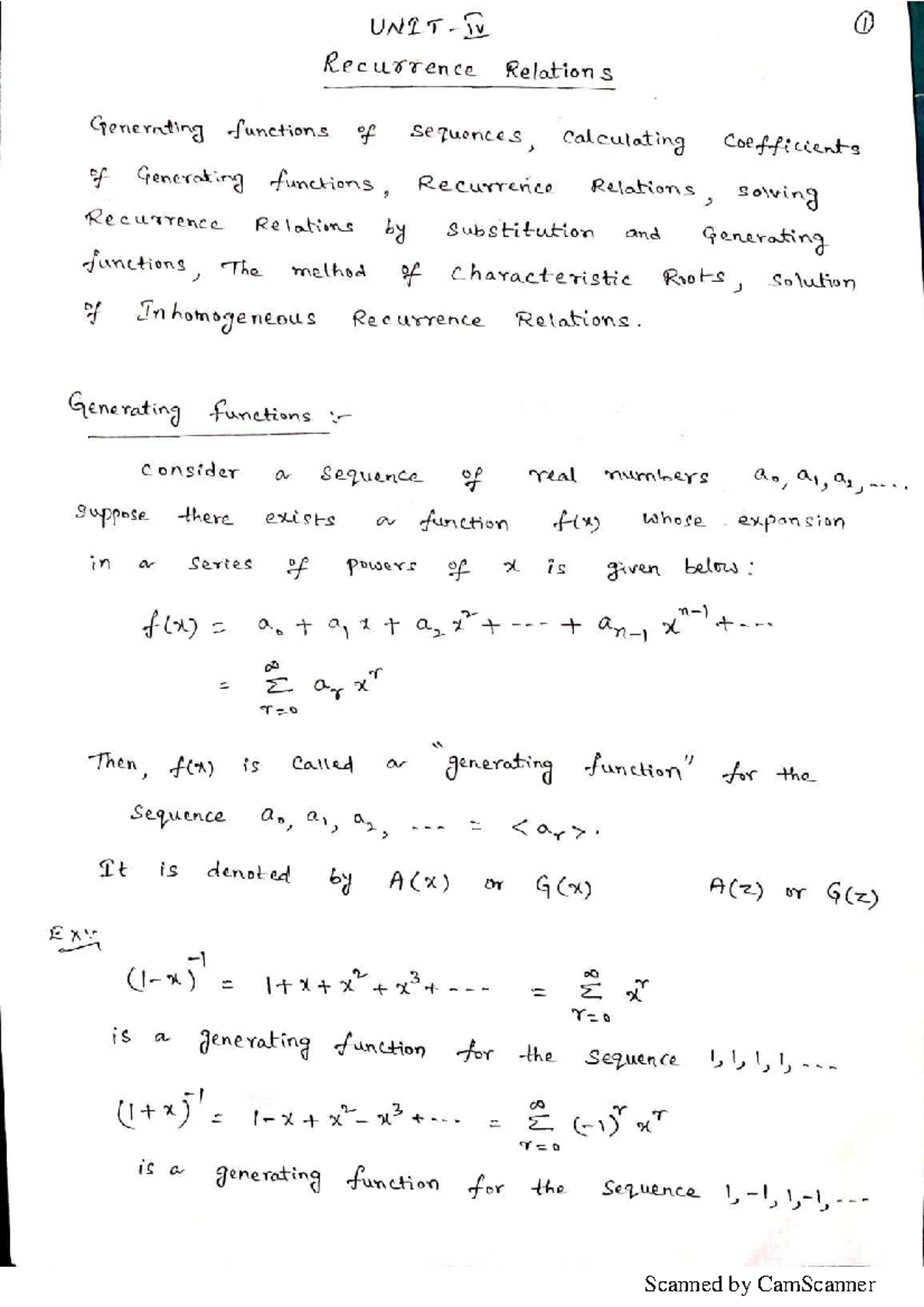 Unit 4 Notes - Recurrence Relations and Generating Functions in ...
