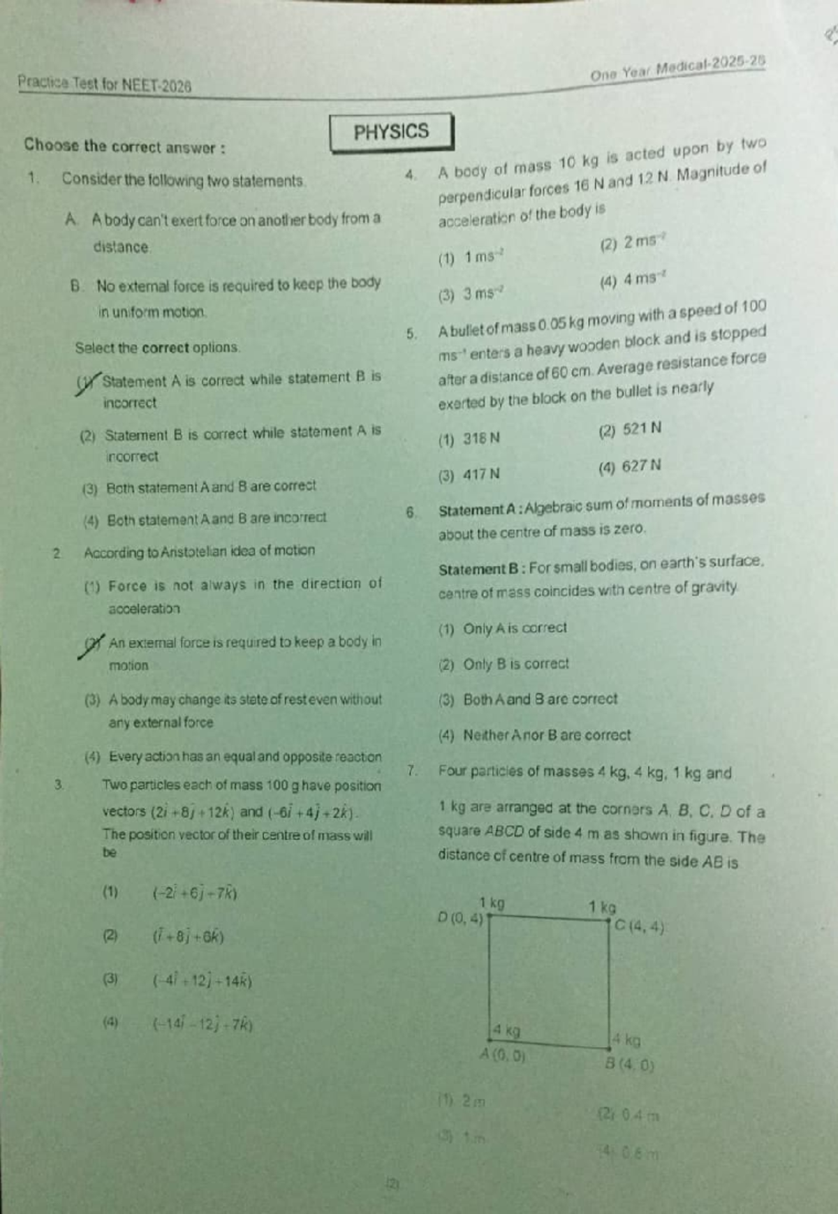 One Year Practice Test for PHYSICS - OYM Aiats-05 NEET Insider - Studocu
