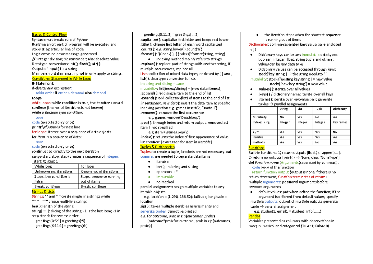 Final Cheatsheet - Summary for Programming in Business Analytics - Studocu