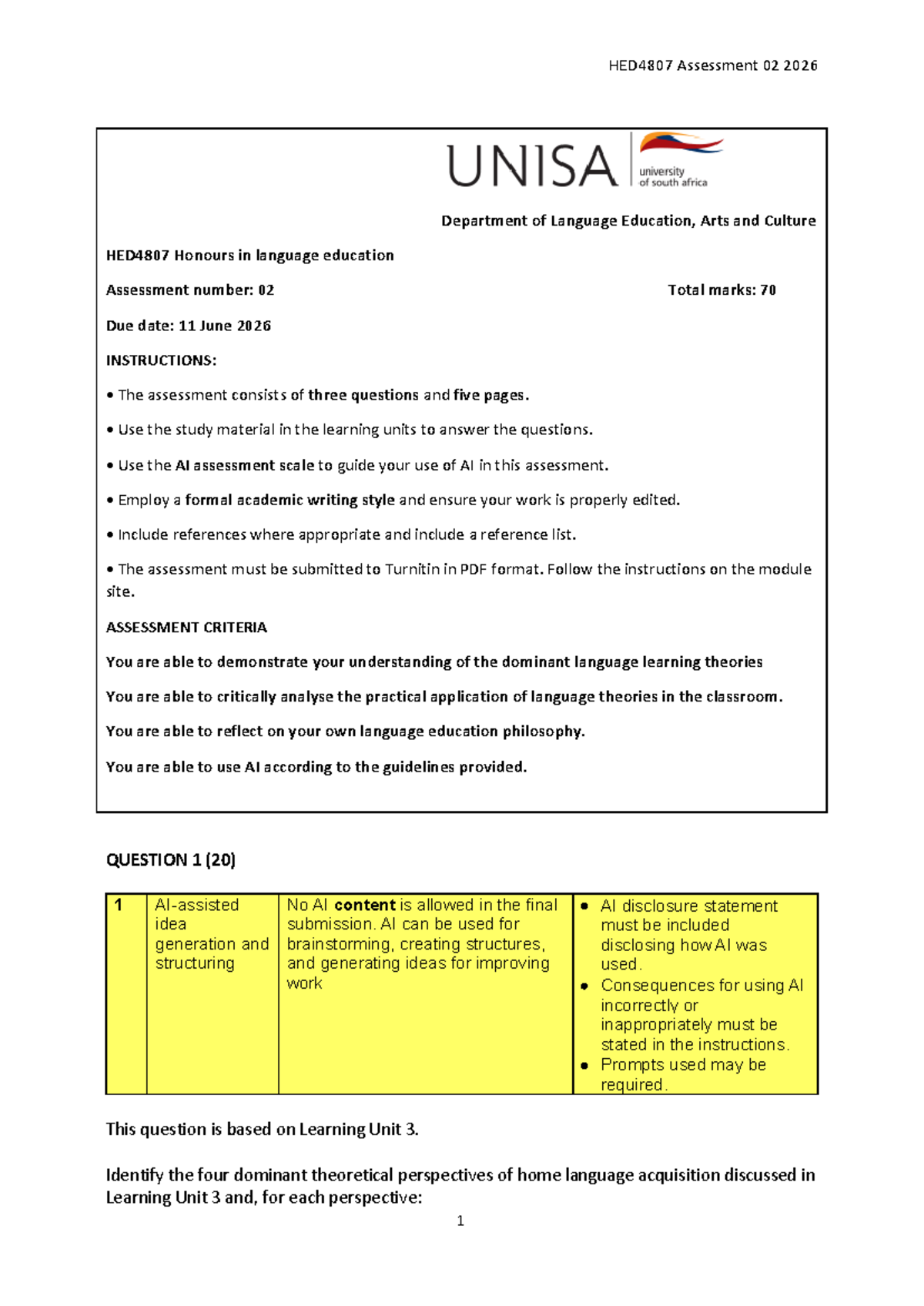 HED4807 Assessment 02: Language Education Theories - Studocu