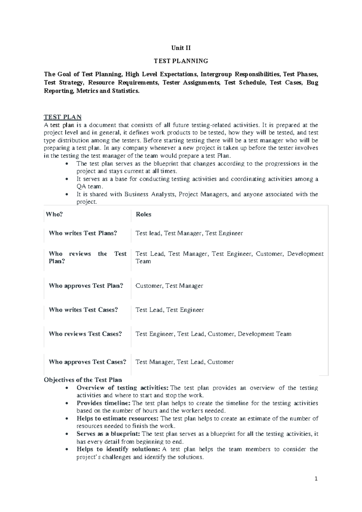 Unit II TEST PLAN: Comprehensive Guide to Test Planning and Execution ...