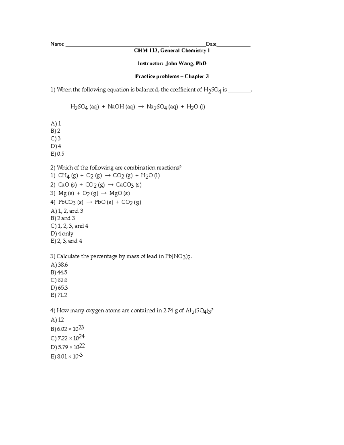 CHM 113 Practice Problems: Chapter 3 - General Chemistry I - Studocu